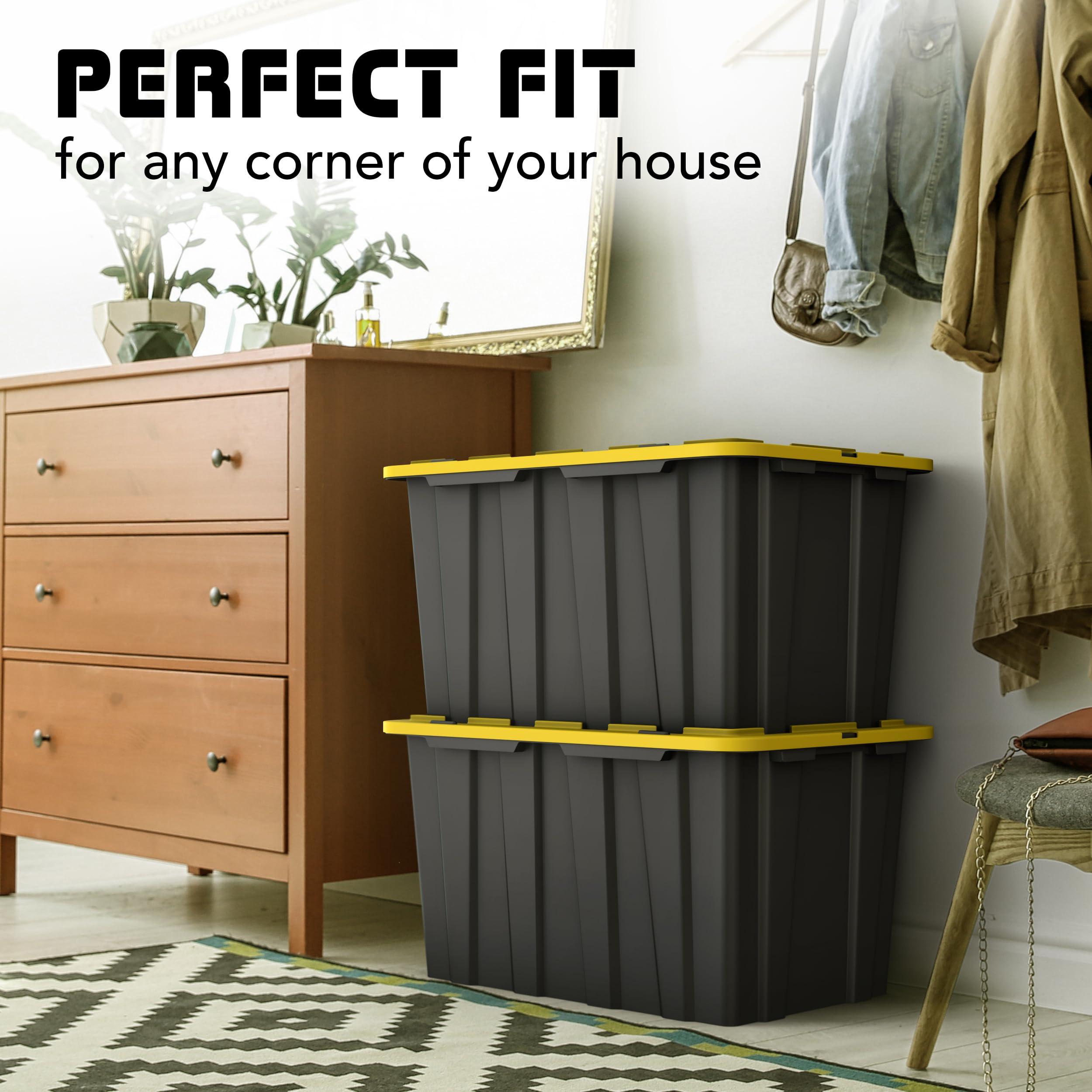 Lifetime Home (8 PACK 12 Gallon Plastic Storage Bin Tote Organizing Container with Ultra Durable Secure Latching Lids, Stackable, Extra Strength Clear with Built in Handle - Black and Yellow