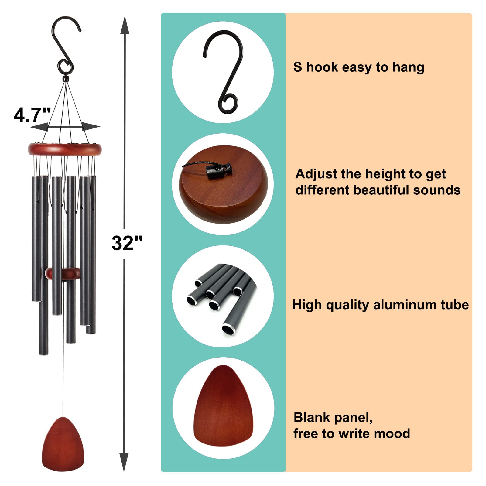 Vanbolt Wind Chimes for Outside-32 Inches Large Wind Chimes with Six Aluminum Alloy Tubes and Hook,Memorial Wind Chimes Home Outdoor Decor for Garden, Patio, Yard, Housewarming