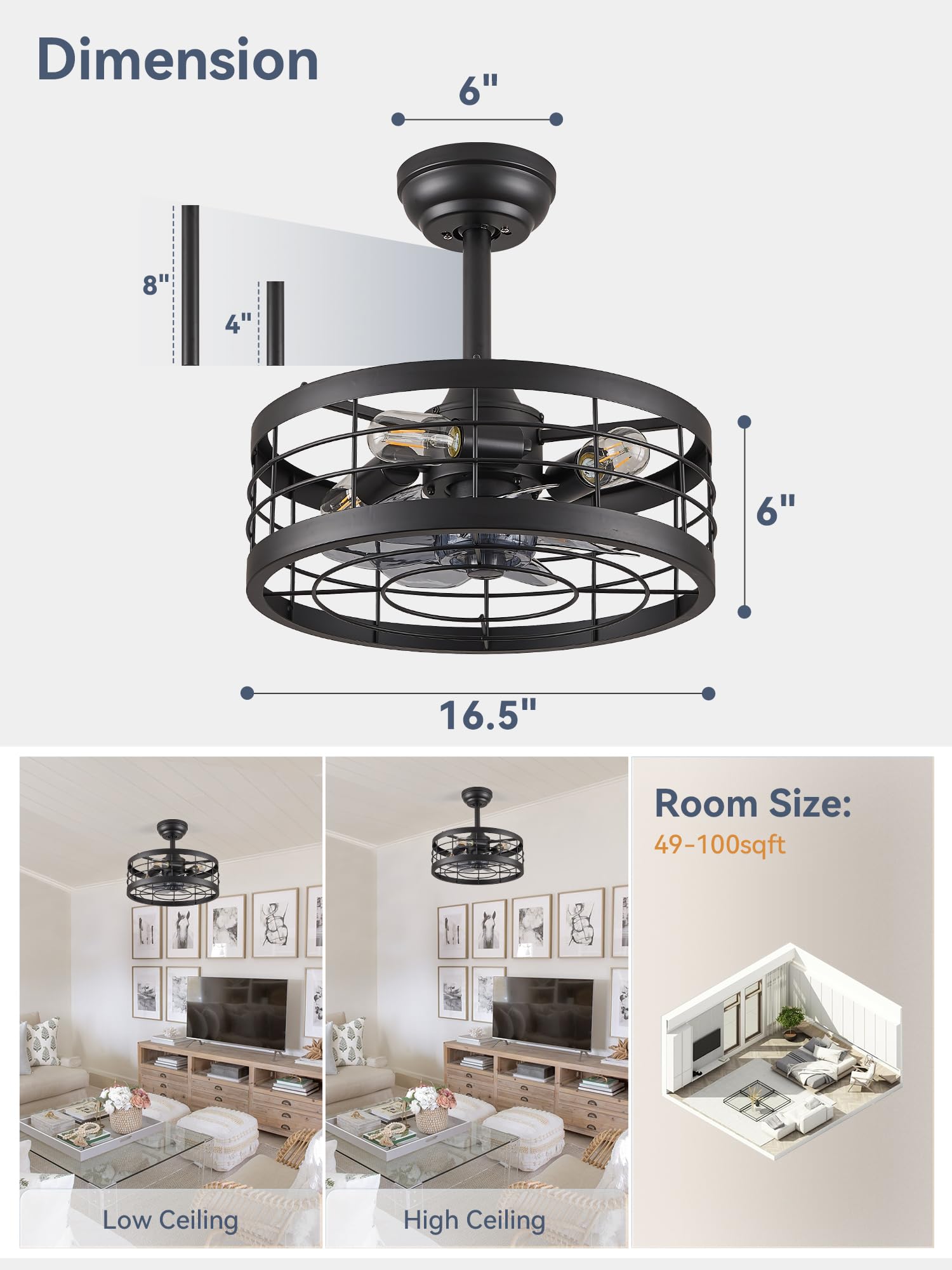 LEDIARY 16.5 inch Black Caged Ceiling Fan with Light, Bladeless Industrial Ceiling Fan with Remote, Farmhouse Fan Lights Ceiling Fixtures for Kitchen, Bedroom, Outdoor(6 Speed, Timing)-Black
