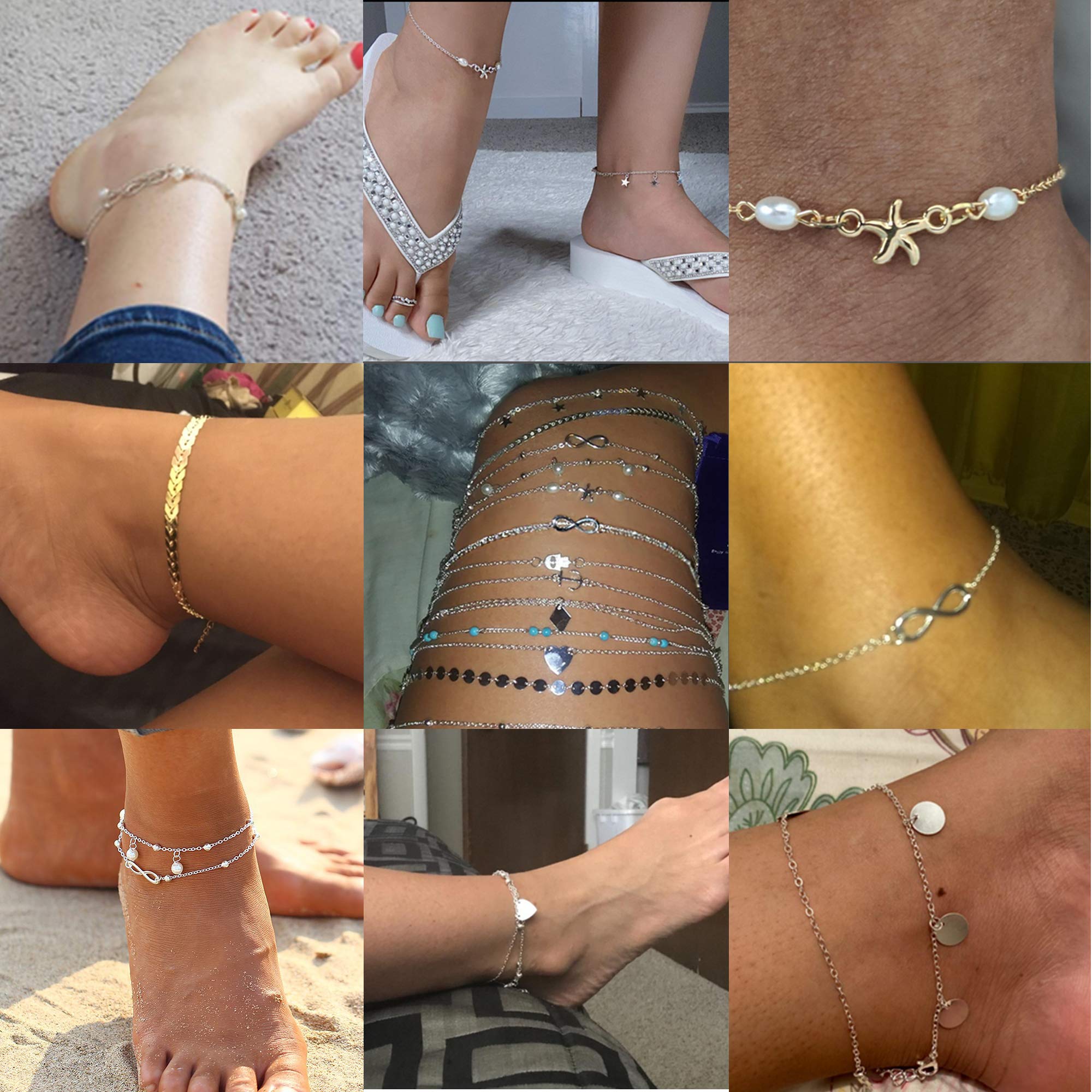 LOYALLOOK 20Pcs Ankle Bracelets for Women Adjustable Beach Anklet Set Star Heart Turtle Infinite Anklets
