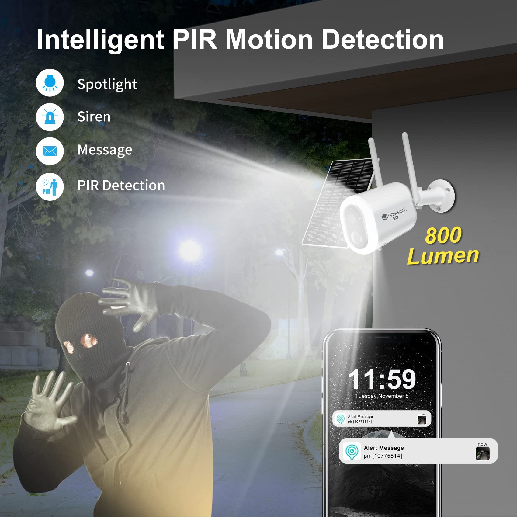 uniwatch 3MP Solar Security Cameras Wireless Outdoor for Home Security, Two Spotlights, 2K Color Night Vision Battery Powered Camera with 2.4GHz WiFi, PIR, Two-Way Talk, IP66, Cloud/SD