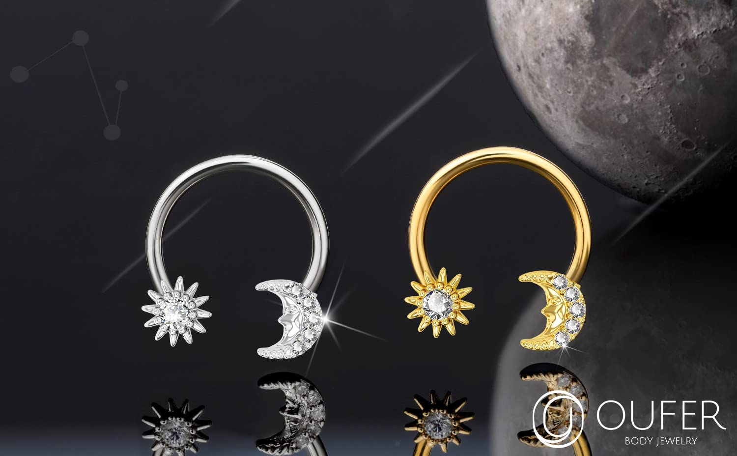OUFER 16G Septum Rings, Star and Moon Design Nose Ring, Helix Earring, 316L Stainless Steel Tragus Daith Snug Conch Piercing Jewelry,Silver-Color