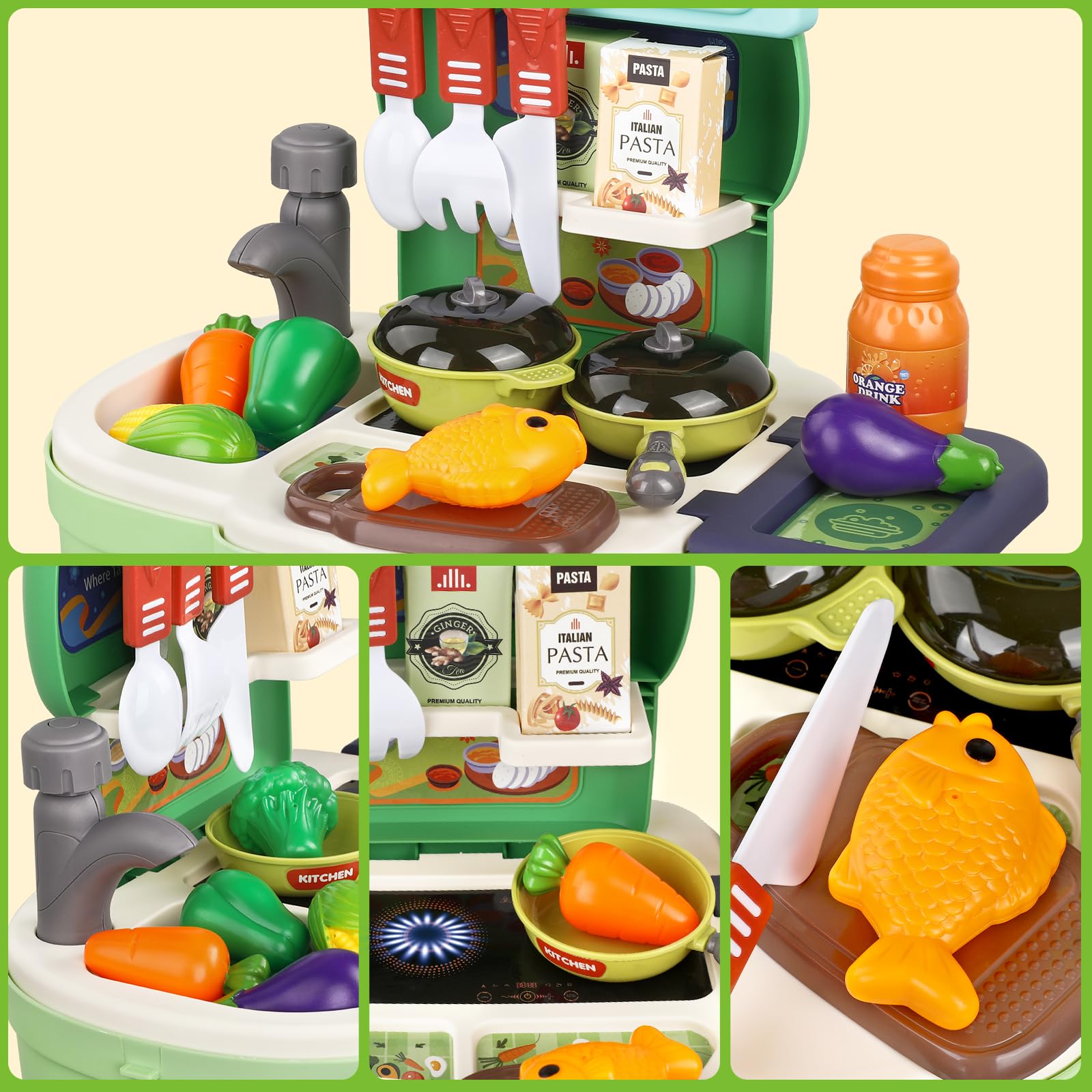 Kitchen Playset, 3 in 1 Kitchen Pretend Play Toys for Toddlers, 34 PCS Realistic Cooking Accessories for Girls Boys Age 3 4 5 6 7