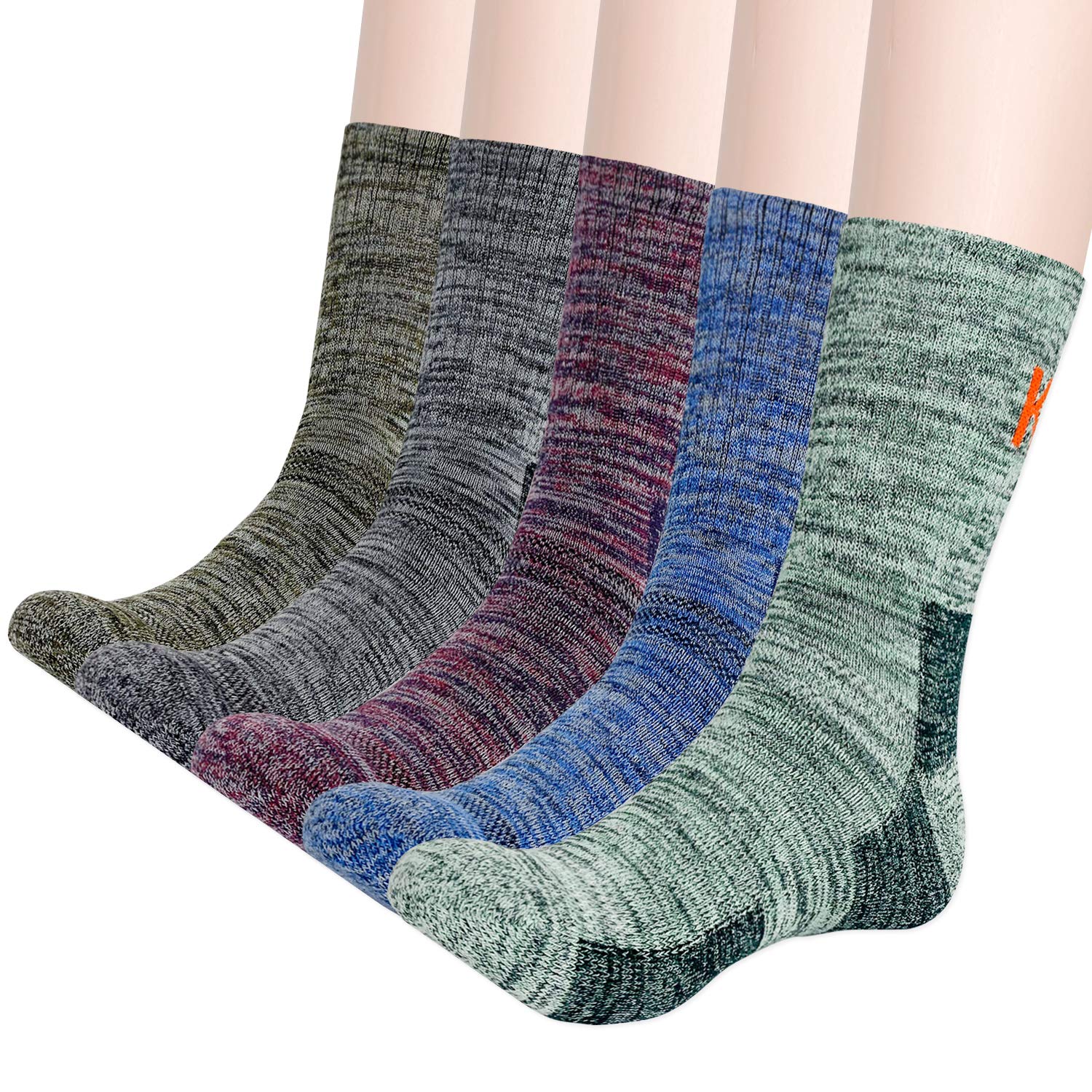 KONY Men's Cotton Hiking Socks, 5 Pairs Moisture Wicking Thick Cushioned Walking Mid Crew Socks, Size 12-14(Mix-1, Large)