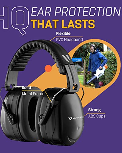 Vanderfields Ear Protection Earmuffs - Shooting Ear Muffs for Noise Cancelling - Passive Reduction for Safety Hearing - Adult Headphones for Lawn Mowing, DIY, Construction, Woodworking -Midnight Black