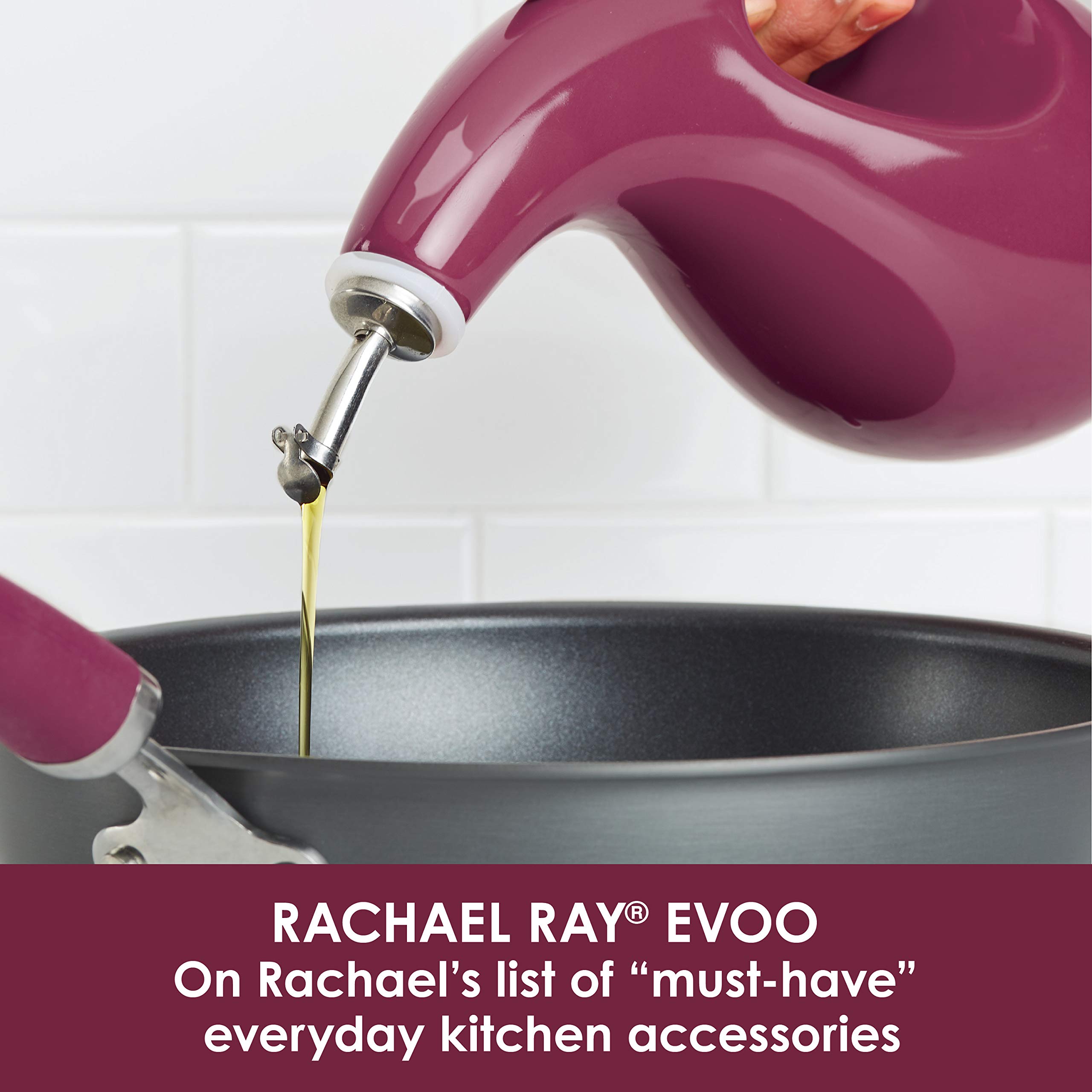 Rachael Ray Solid Glaze Ceramics EVOO Olive Oil Bottle Dispenser with Spout - 24 Ounce , Red,Burgundy