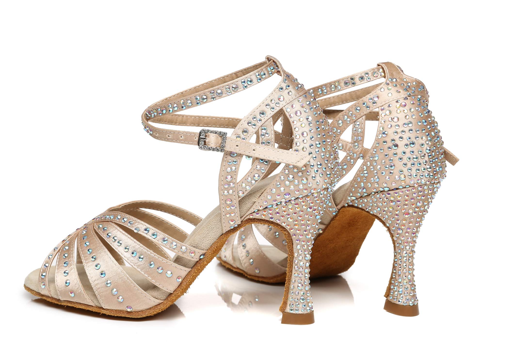 Minishion Women's Salsa Shoes Ankle Strap Beaded Dance Shoes L440 Nude US 8