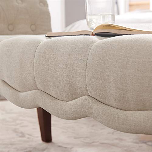 Linon Laurel Upholstered Roll Arm Bench with Walnut Wood Legs in Beige Fabric