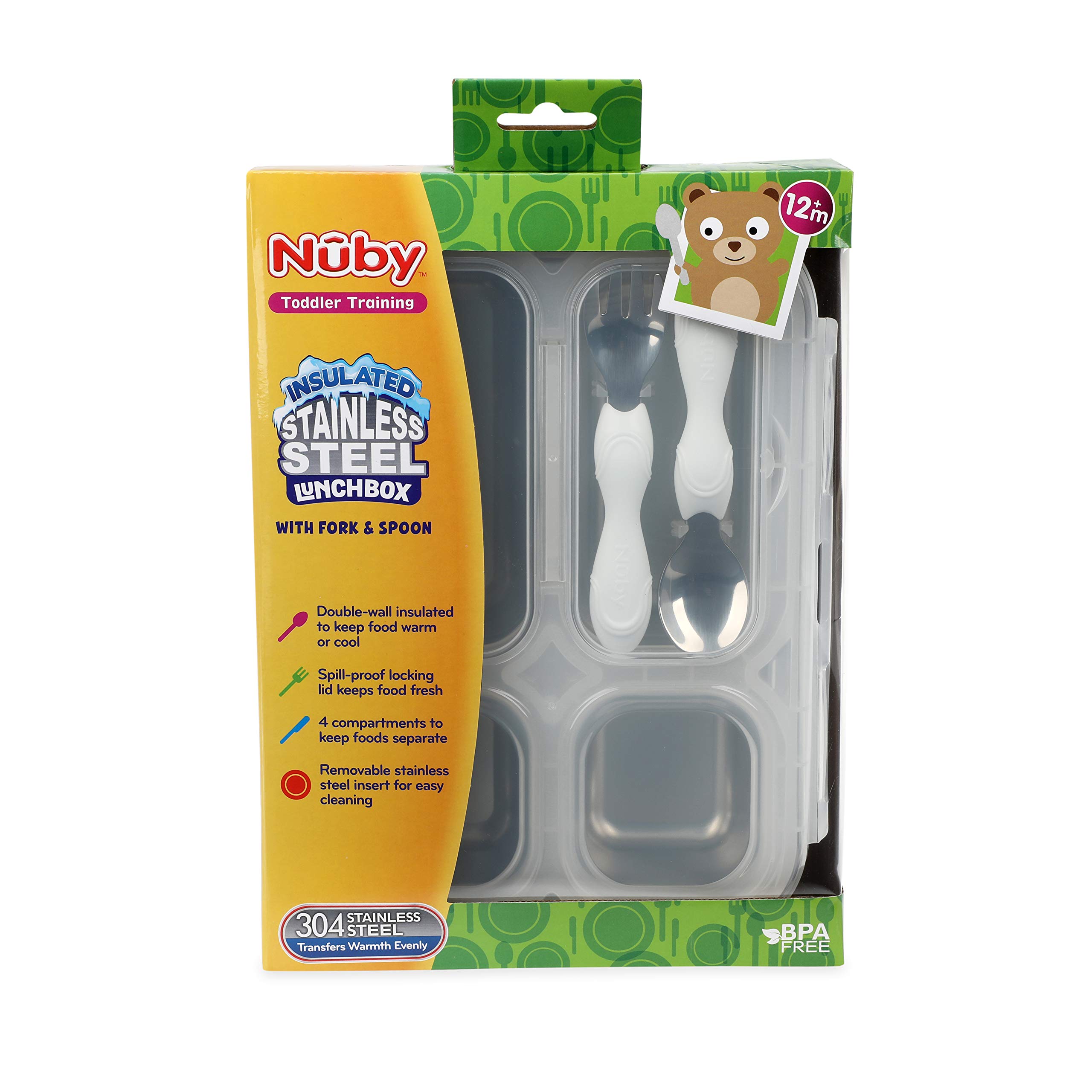 Nuby Insulated Travel Lunchbox with Fork, Spoon, and Lid - 12+ Months - Stainless Steel