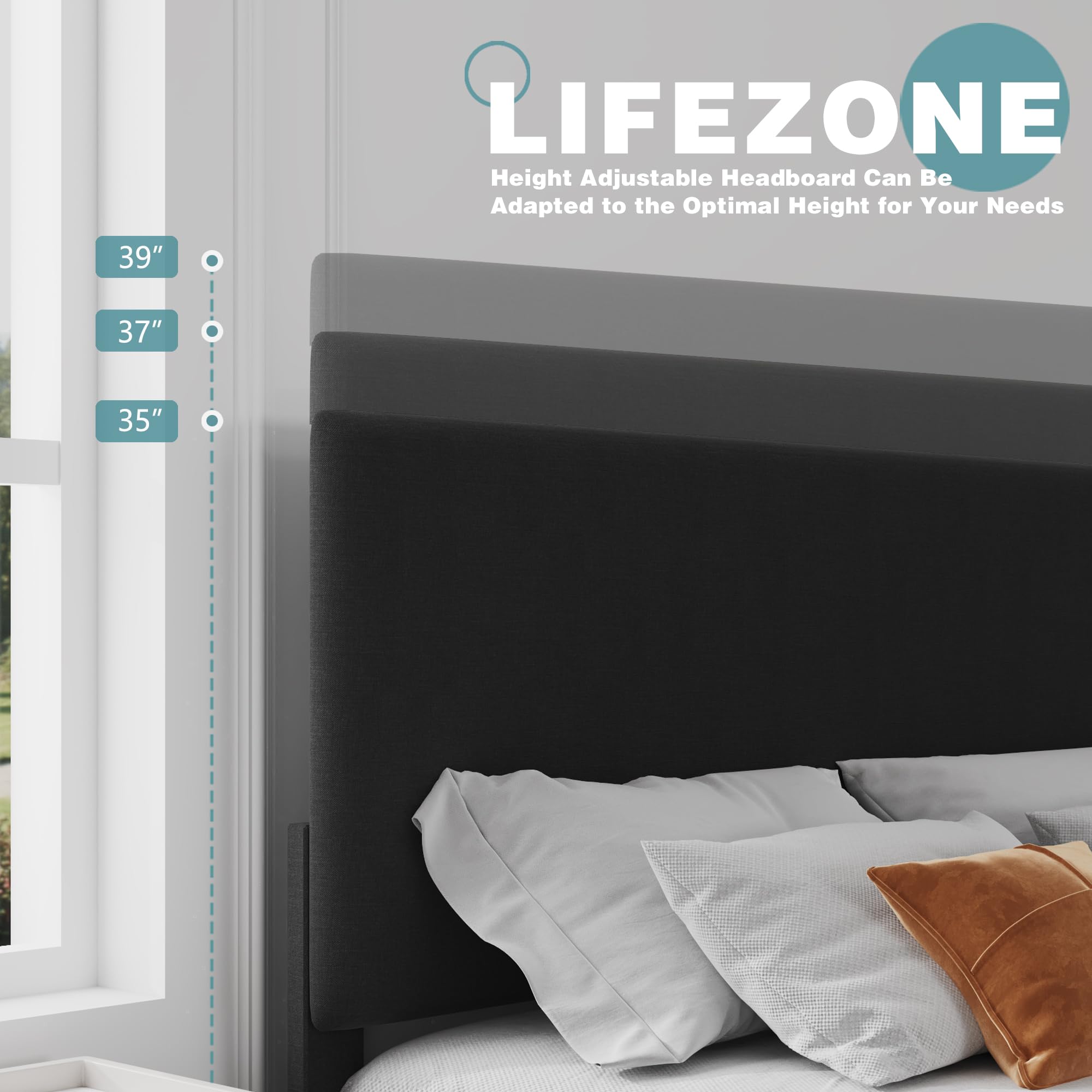 Lifezone King Bed Frame with Headboard,Linen Upholstered Bed Frame with Wood Slats Support,No Box Spring Needed,Heavy Duty Feet,Easy Assembly,Dark Grey