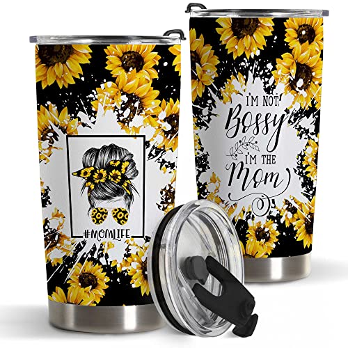 Pavo Christmas Gift for Woman, Sunflower Birthday Gift for Mom, 20 OZ Mom Life Floral Travel Tumbler for Holiday, Valentine, Mother's Day Gift Ideal from Son, Daughter, Best Friend