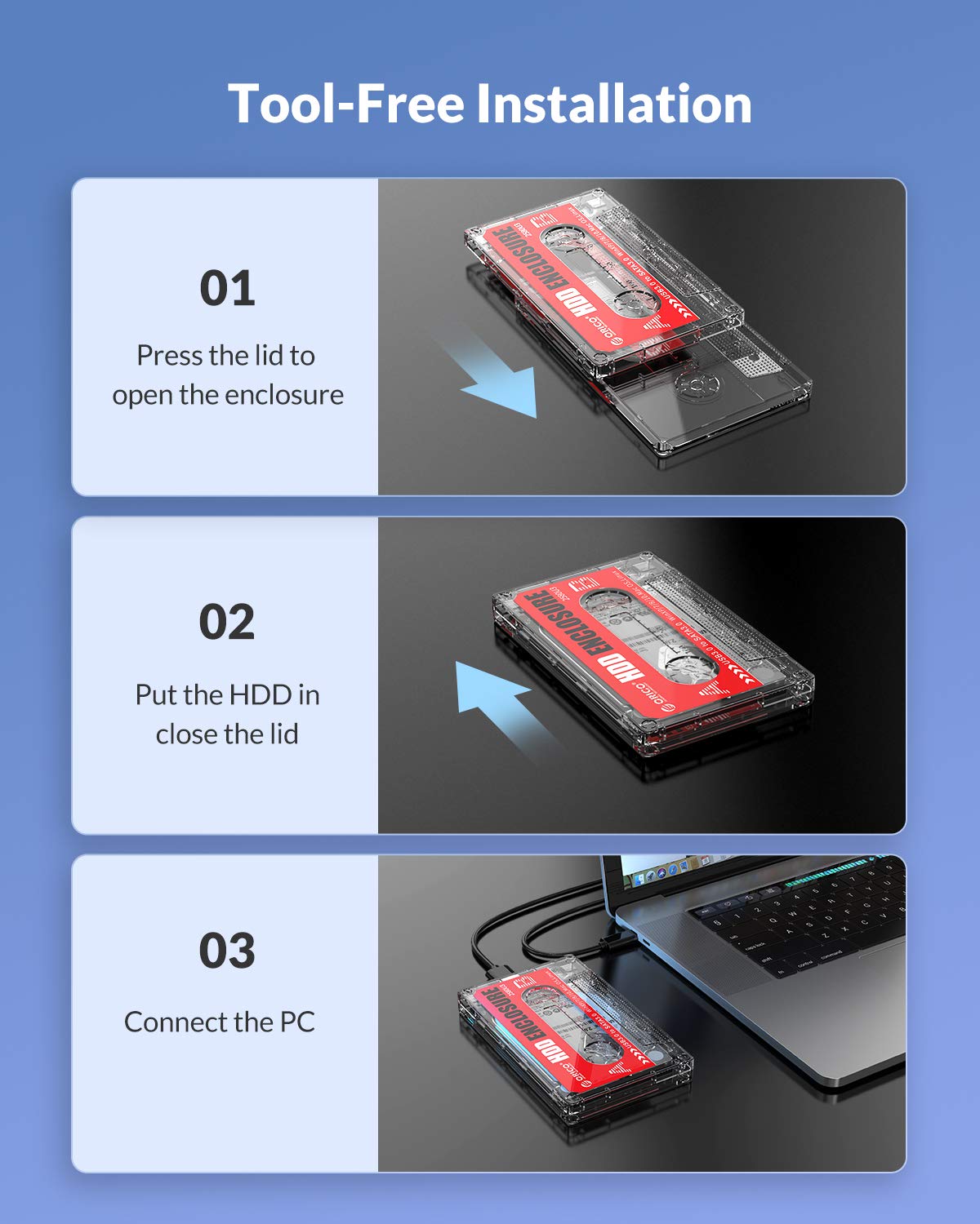 ORICO 2.5'' External Hard Drive Enclosure USB3.0 to SATA Transparent Computer HDD Enclosure for 7/9.5mm HDD SSD, Portable Hard Drive Case with UASP Max 4TB Compatible with Xbox,PS4, Samsung,WD,Seagate