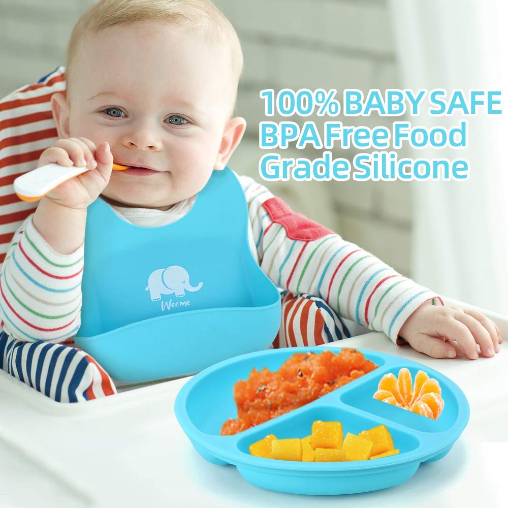 Wee me Suction Plates for Babies & Toddlers - Silicone Plates with Lids and Spoon Fork For Baby, Dishwasher and Microwave Oven Safe, 3 Pack (Ether, Sage & Blush)