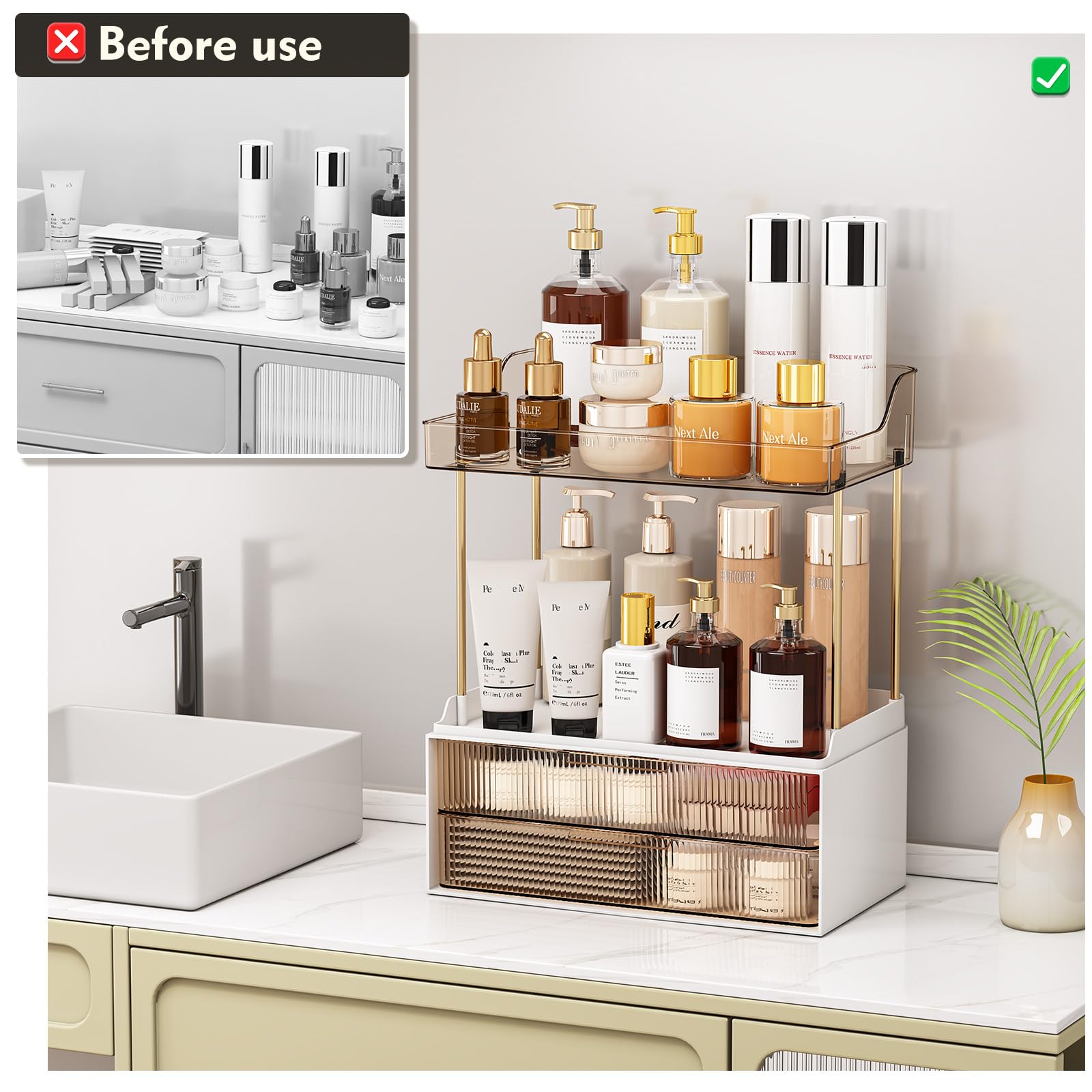 Versatile 4-Tier 2-Drawer Bathrooom Organizer, Makeup Organizer, Perfume Organizer, Bathroom Counter Organizer, Vanity Organizer, Skincare Organizers, Bathroom Organizers and Storage, Amber