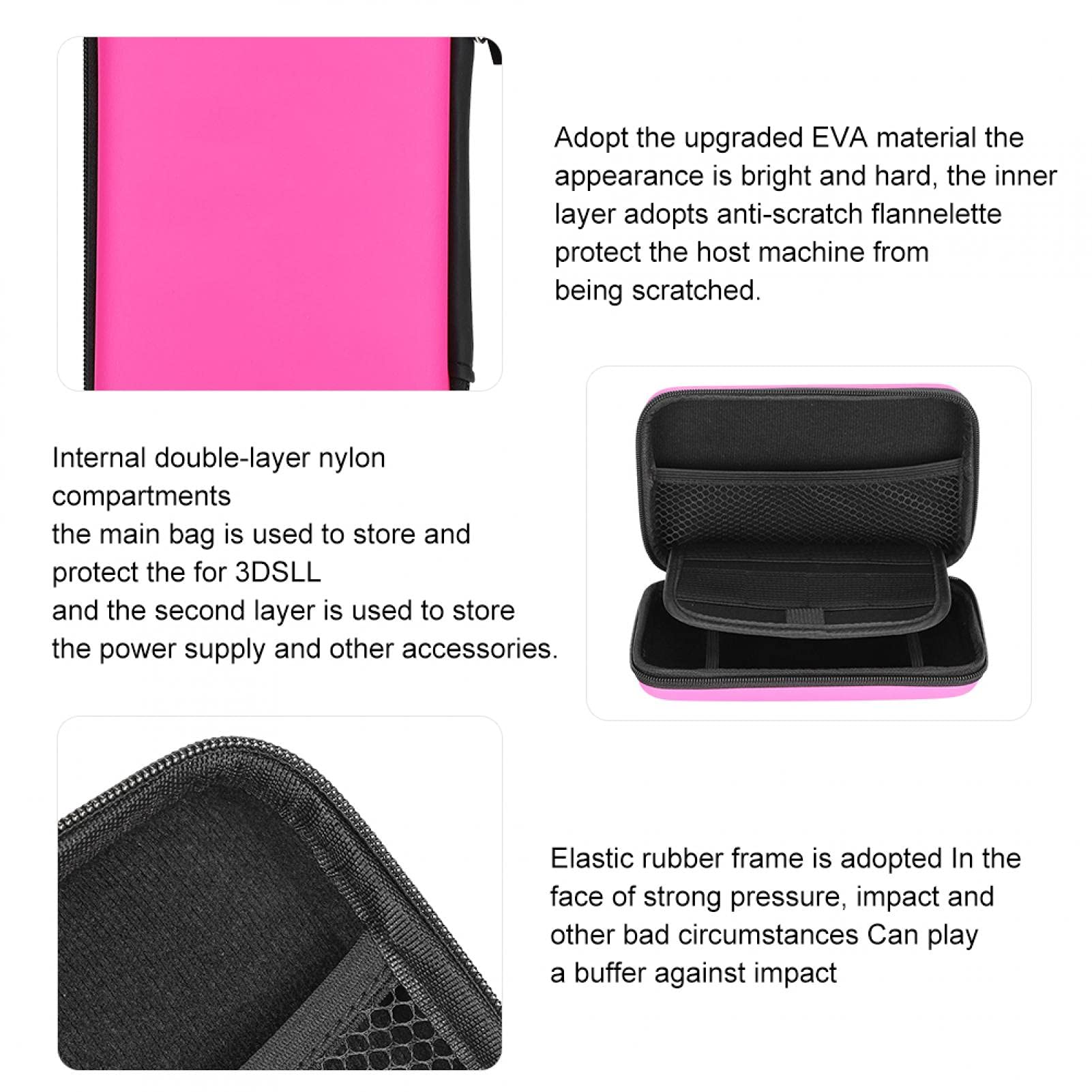 Shanrya Double‑Layer Nylon Compartments Versatility EVA Material Game Consoles Storage Bag Storage Bag for Home Office 3DS 3DS LL(Pink)