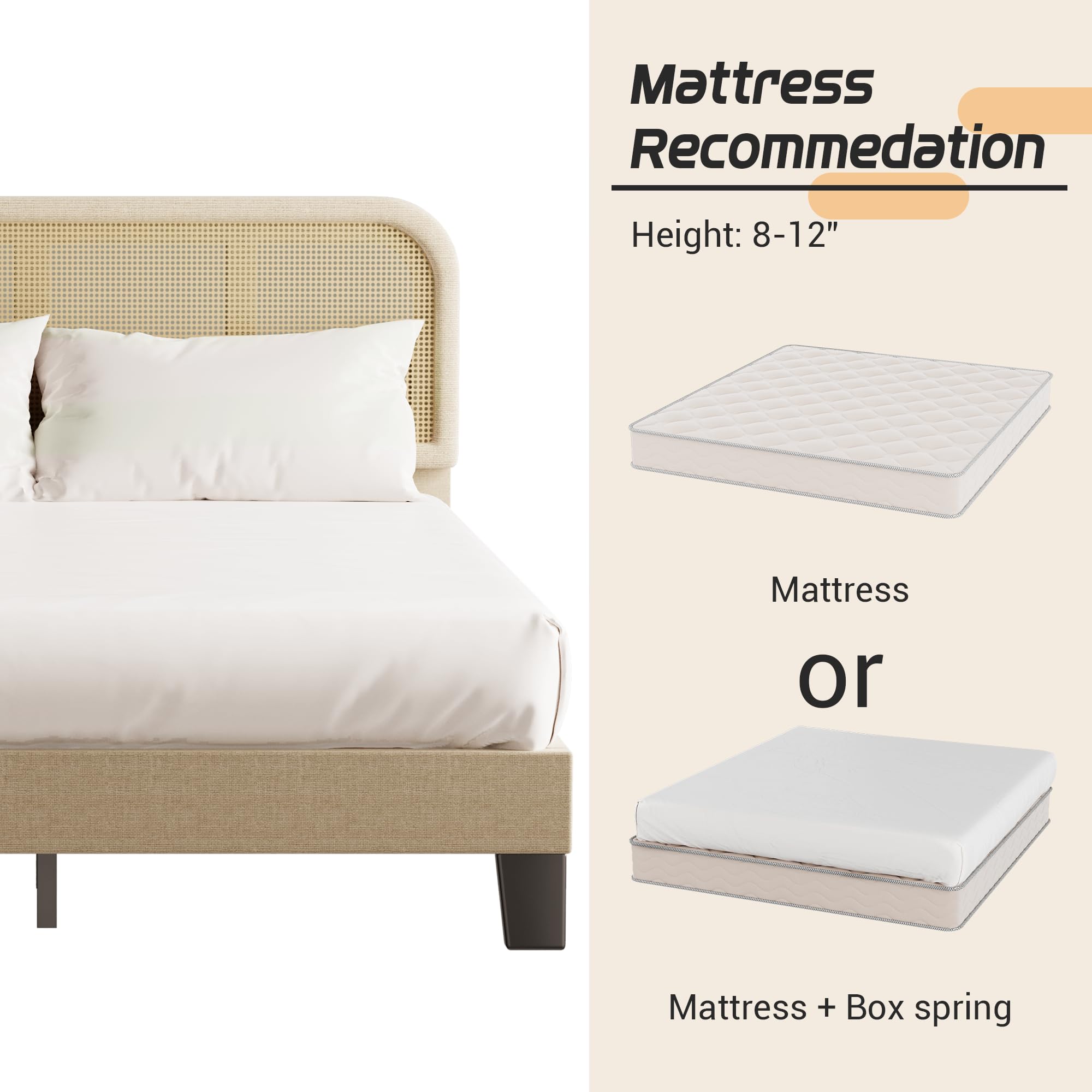 Lifezone Queen Bed Frame with Adjustable Rattan Headboard, Queen Size Bed Frame with Wood Slats Support, Safe Rounded Corner Design, Linen Fabric, High Feet, No Box Spring Needed, Beige