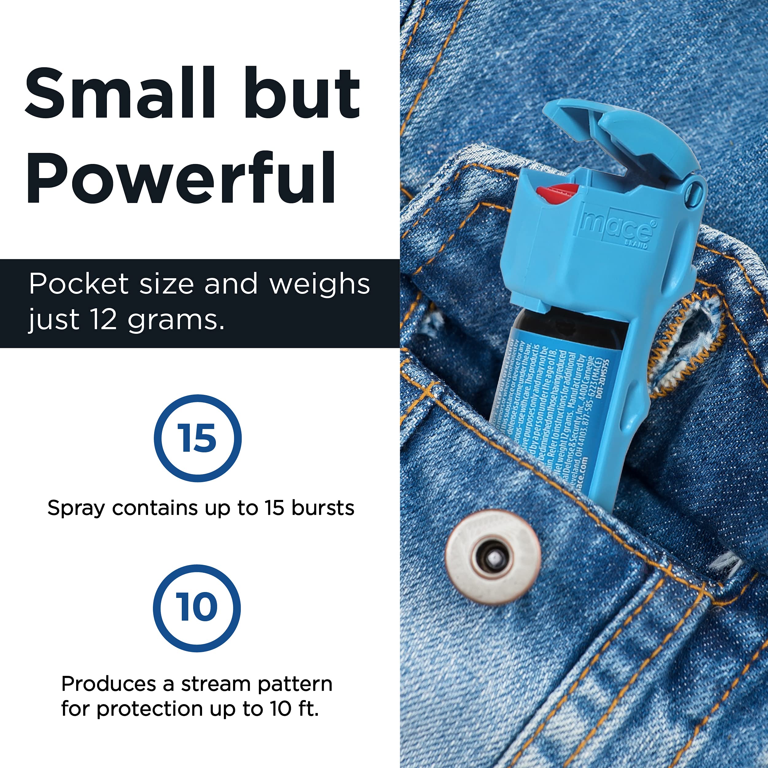 mace Brand Triple Action Pocket Pepper Spray (Neon Blue) β 10β Pepper Spray with 3-in-1 Formula, Flip Top Safety Cap, Leaves UV Dye on Skin β Self Defense Pepper Spray for Women, Made in The USA