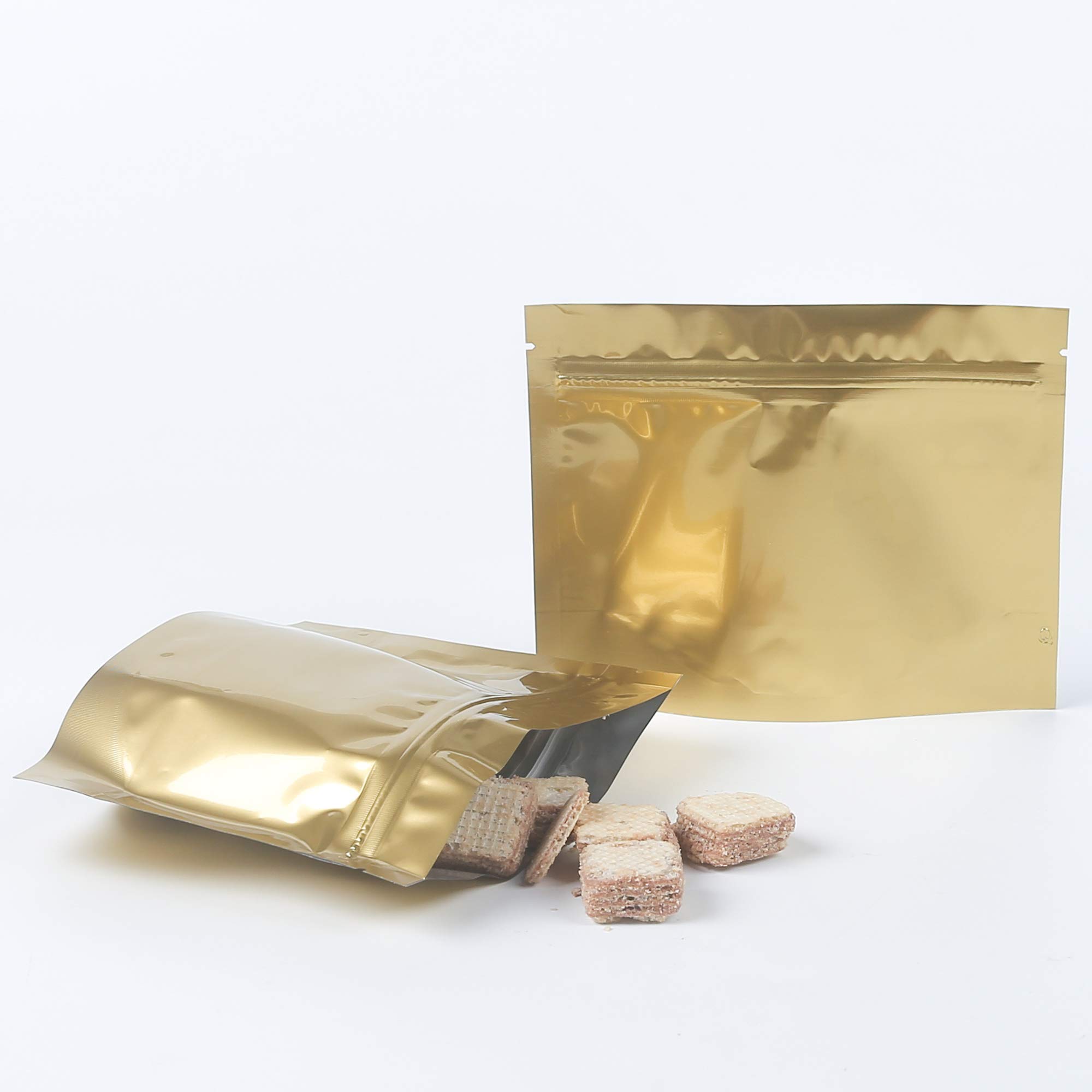 QQ Studio Pack of 100 Double-Sided Glossy Wide Mouth Smell Proof Stand Up Resealable Pouch Bags (Glossy Gold, 6.5x5" (3oz))