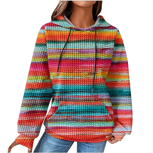 KSODFNXH hoodies for women casual trendy Striped Printed Plaid long sleeves tops with pockets fall drawstring sweatshirts
