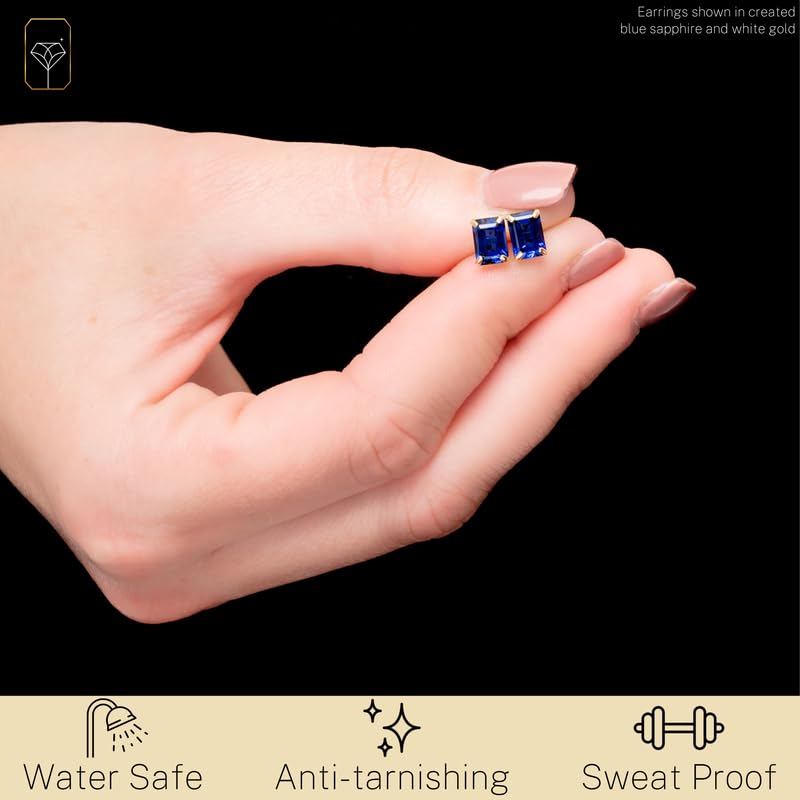 MAX + STONE 14k White Gold Solitaire Blue Aquamarine Emerald Cut Stud Earrings for Women | 7x5mm March Birthstone