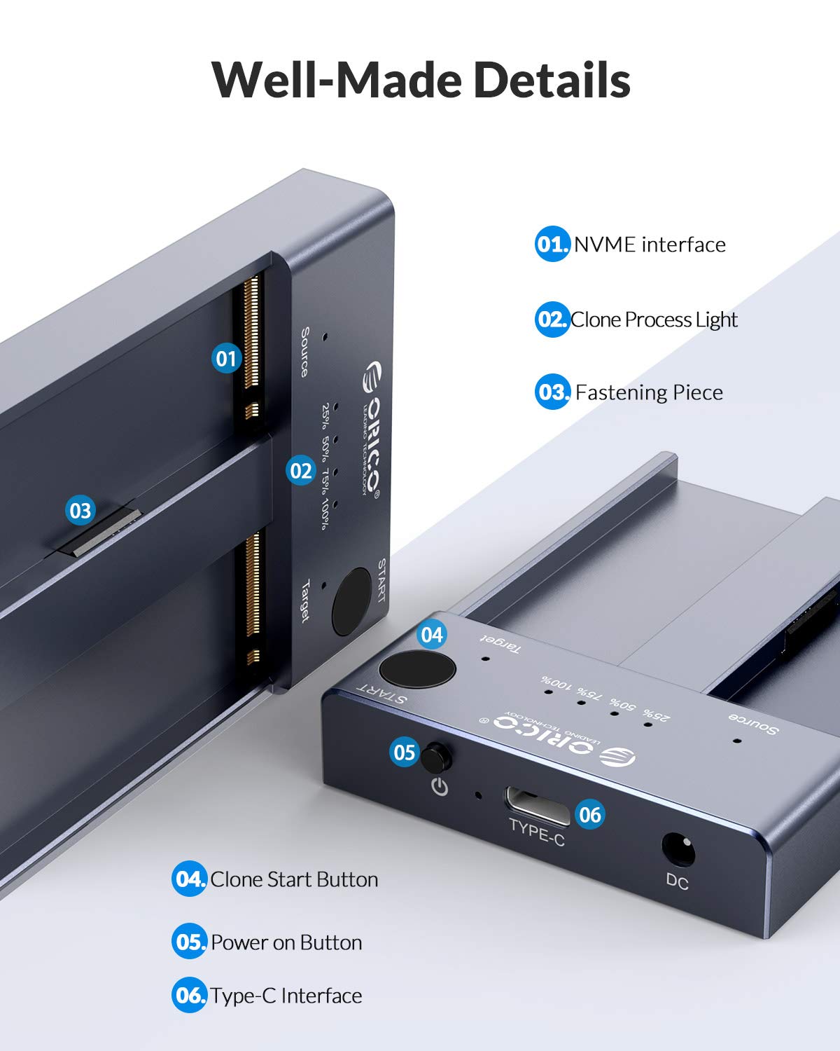 ORICO M.2 NVMe Cloner Dual-Bay NVMe Docking Station USB C to NVMe SSD Enclosure Aluminum M.2 Duplicator Offline Clone for PCIe M-Key SSDs max to 8TB Tool Free-M2P2