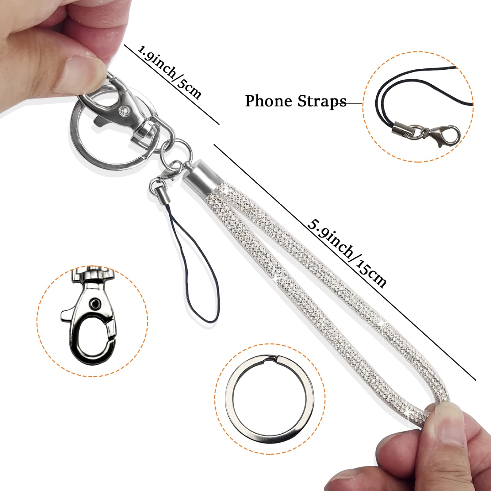 ONLYESH Wristlet Lanyard Keychains for Women, Bling Lanyard for Keys, Cute Keychain Holder (White)