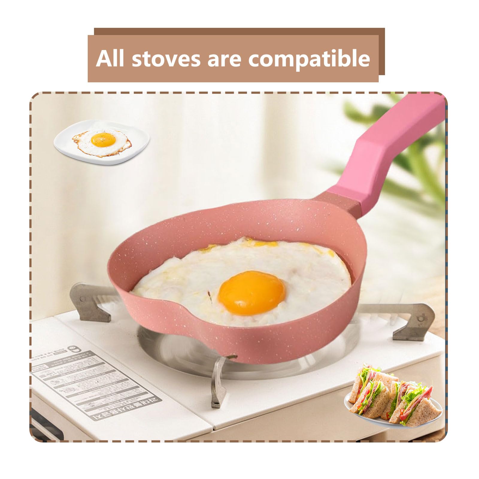 Unoschrim Mini Nonstick Egg Pan, Small Frying Pan with Unique Heart-shaped, One Egg Frying Pan with Granite Coating, Multi-functional Frying Pan for Cooking Eggs, Pancake, Sausages and Burgers, Pink