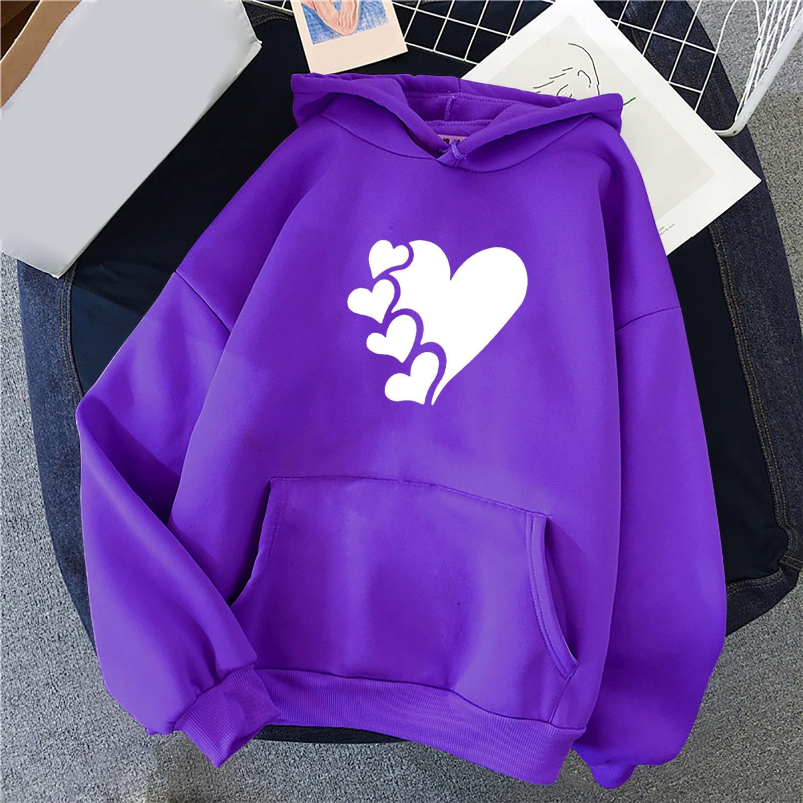 KSODFNXH Oversized Hoodies Casual Trendy Heart Printed Long Sleeves Tops with Pockets Plain Color Drawstring Sweatshirts