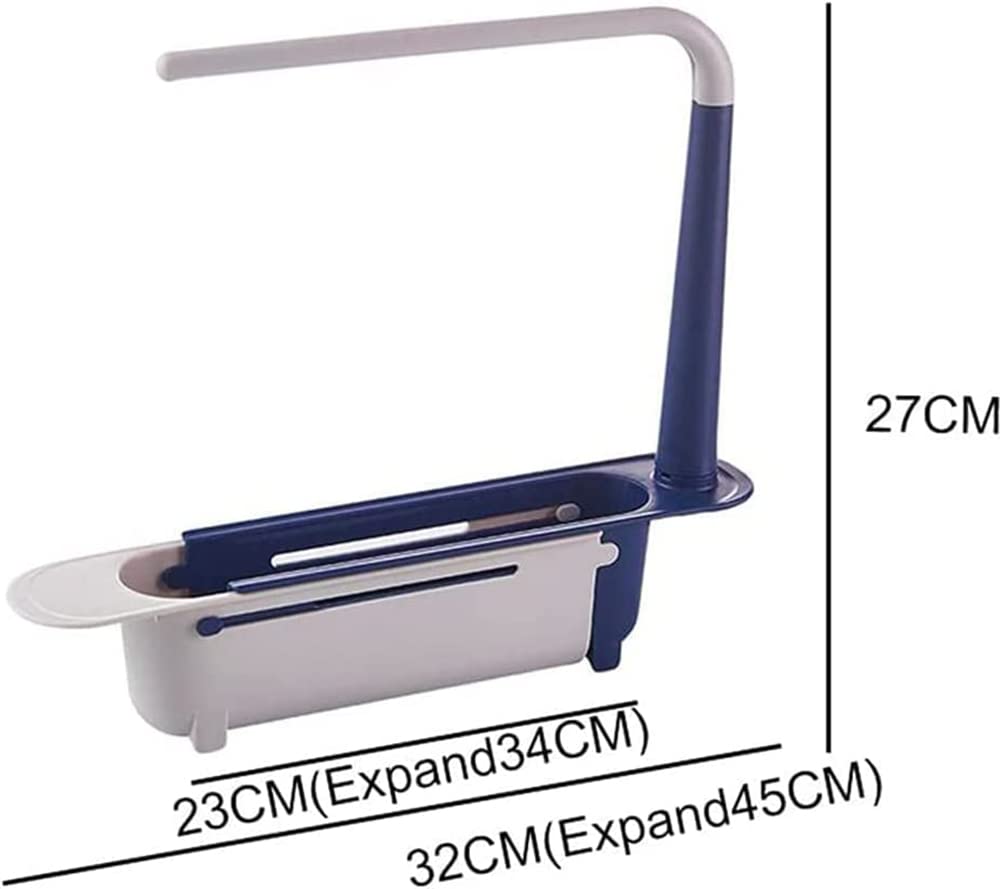 PRAGOO Telescopic Sink Storage Rack Holder, Expandable Sink Storage Rack with Dishcloth Holder Towel Rack for Kitchen Sink Organizers for Sponge Caddy (Plastic, Blue)