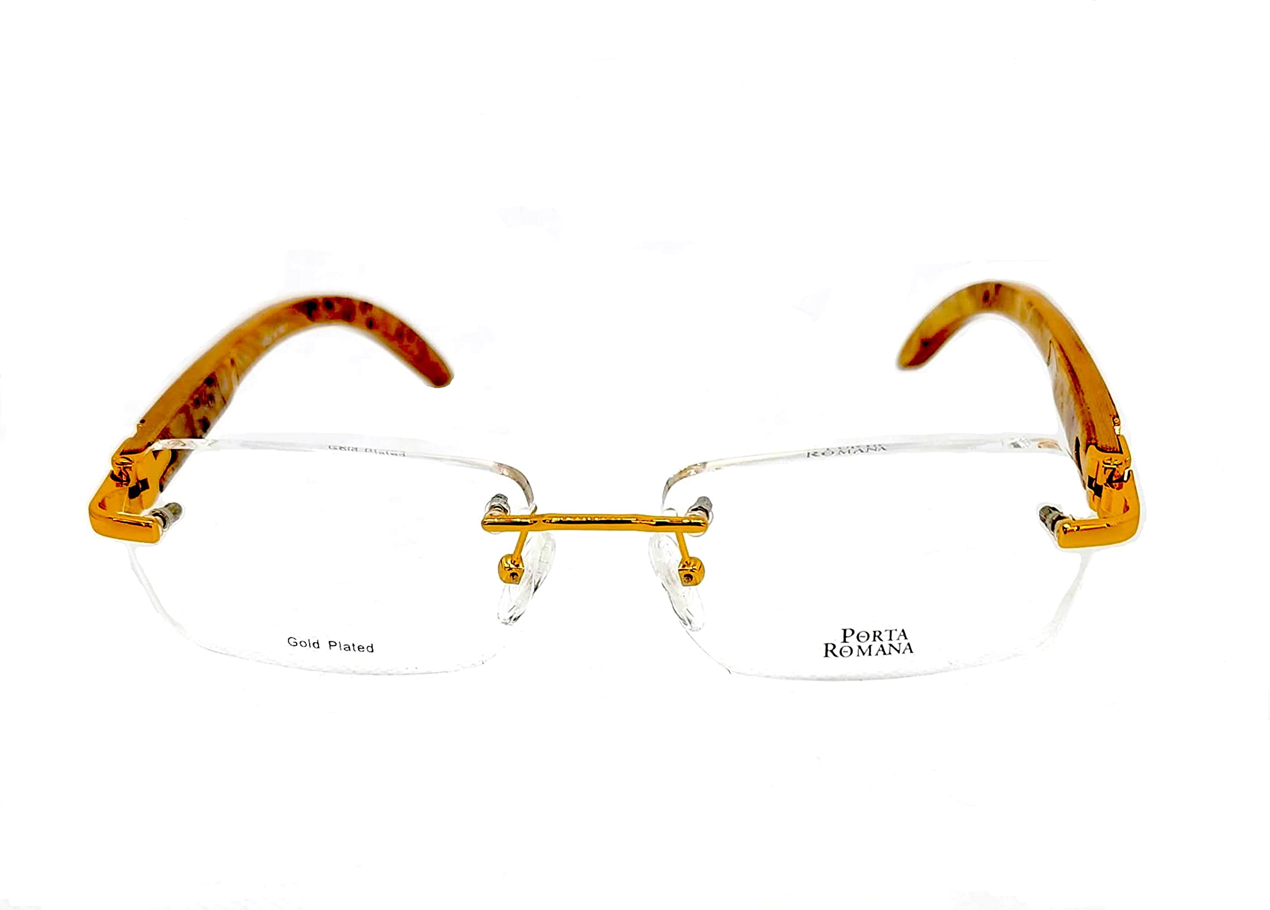Porta Romana Model 1954- Gold Plated Frame with Burl Light Lacquered Wood Prescription Eyeglass Frames