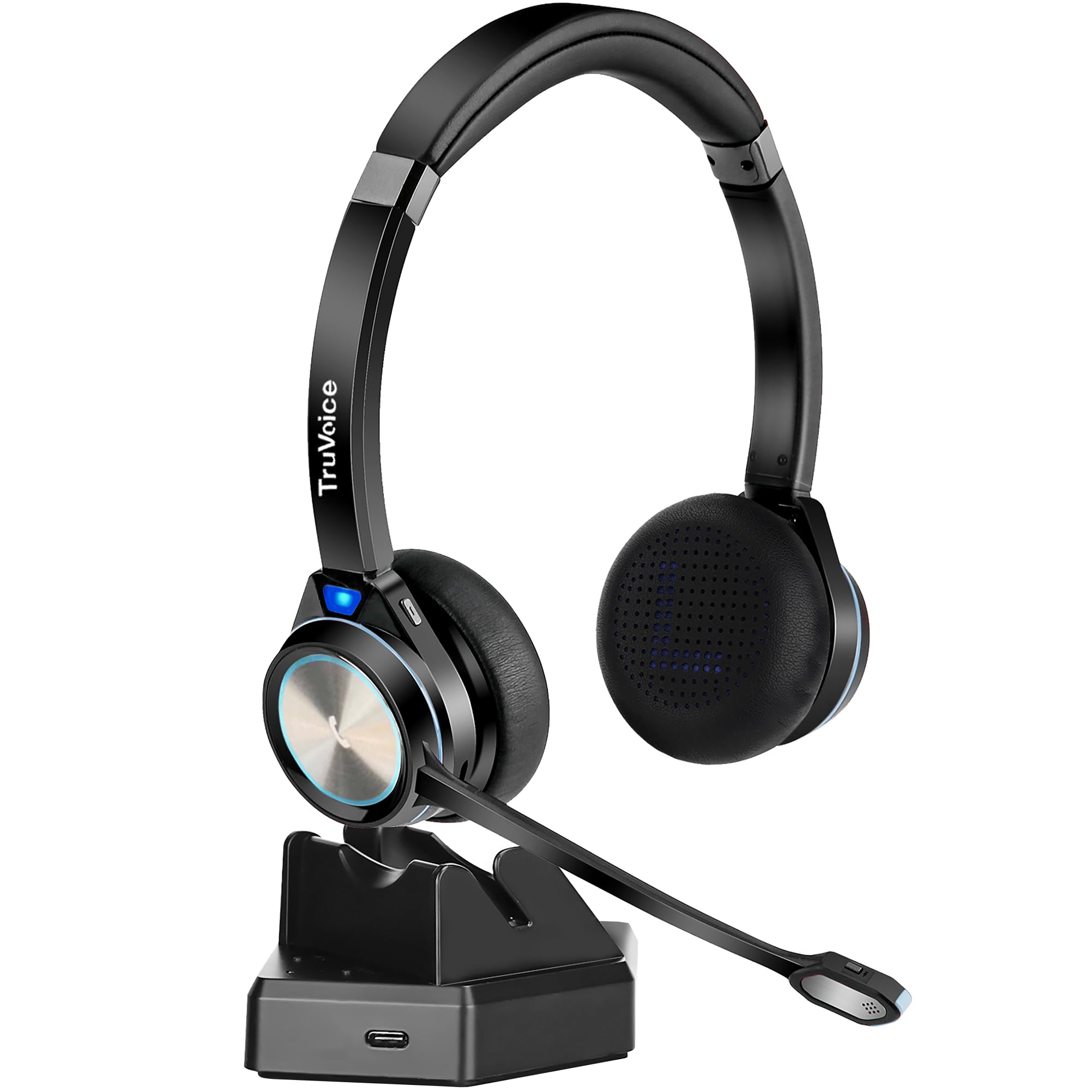 TruVoice BT55 Wireless USB Headset with Hi-Fi Audio and Noise Canceling Microphone - v5.2 Bluetooth Fast Charging Base and 15hr Talk time - Multi Connectivity with Both Computer and Cell Phone.