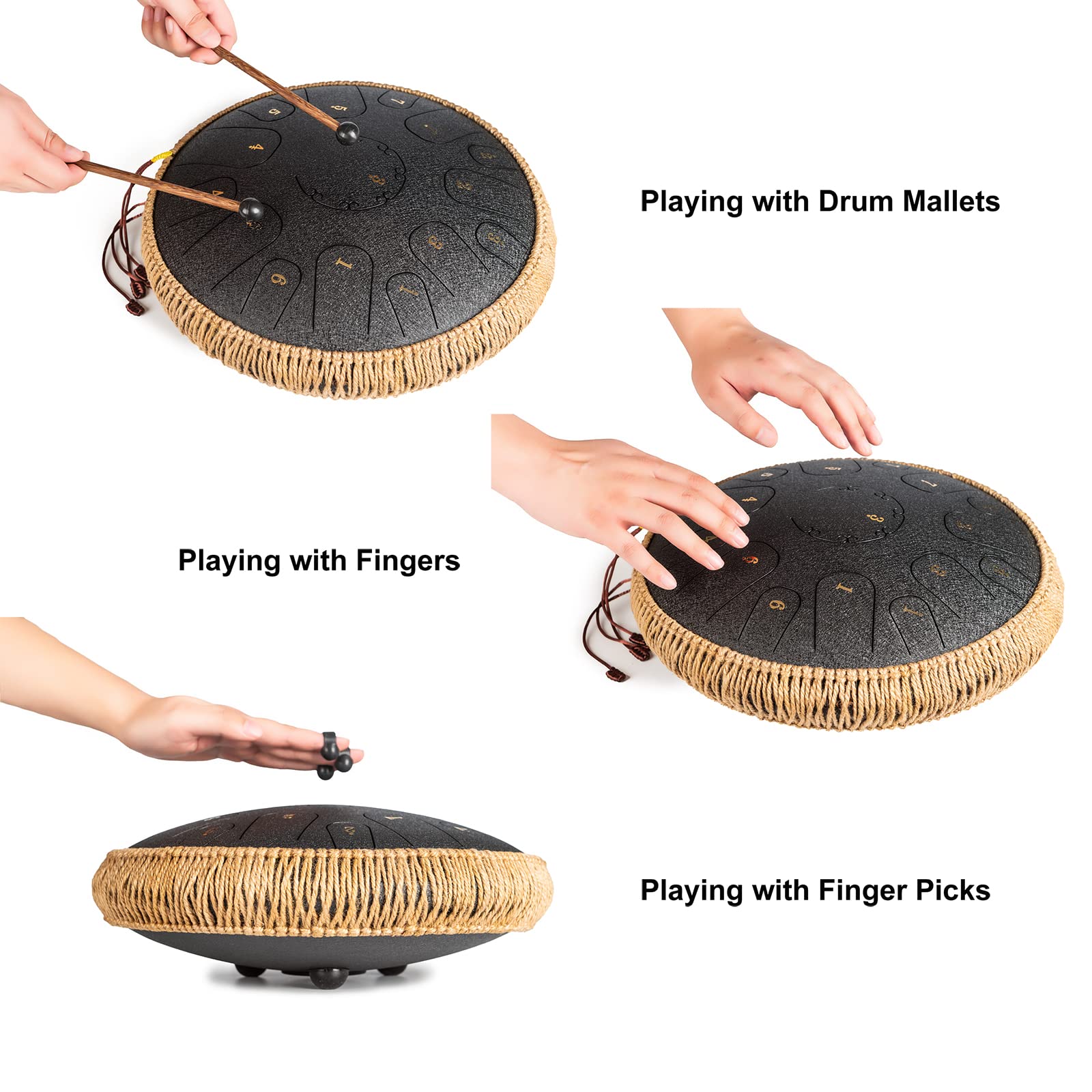 Steel Tongue Drum - HOPWELL 14 Inches 15 Notes - Percussion Instruments - Hand Pan Drums with Music Book, Drum Mallets and Carry Bag, C Major (Black)
