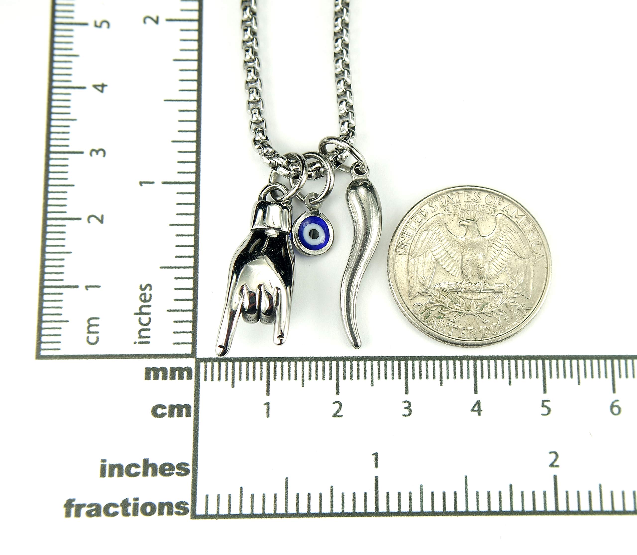 Mano Cornuto, Cornicello, and Nazar combo Necklace, on 24" Box Chain, Italian Lucky Hand Horn Anti Evil Eye Good Luck Amulet Protection Charms All Stainless