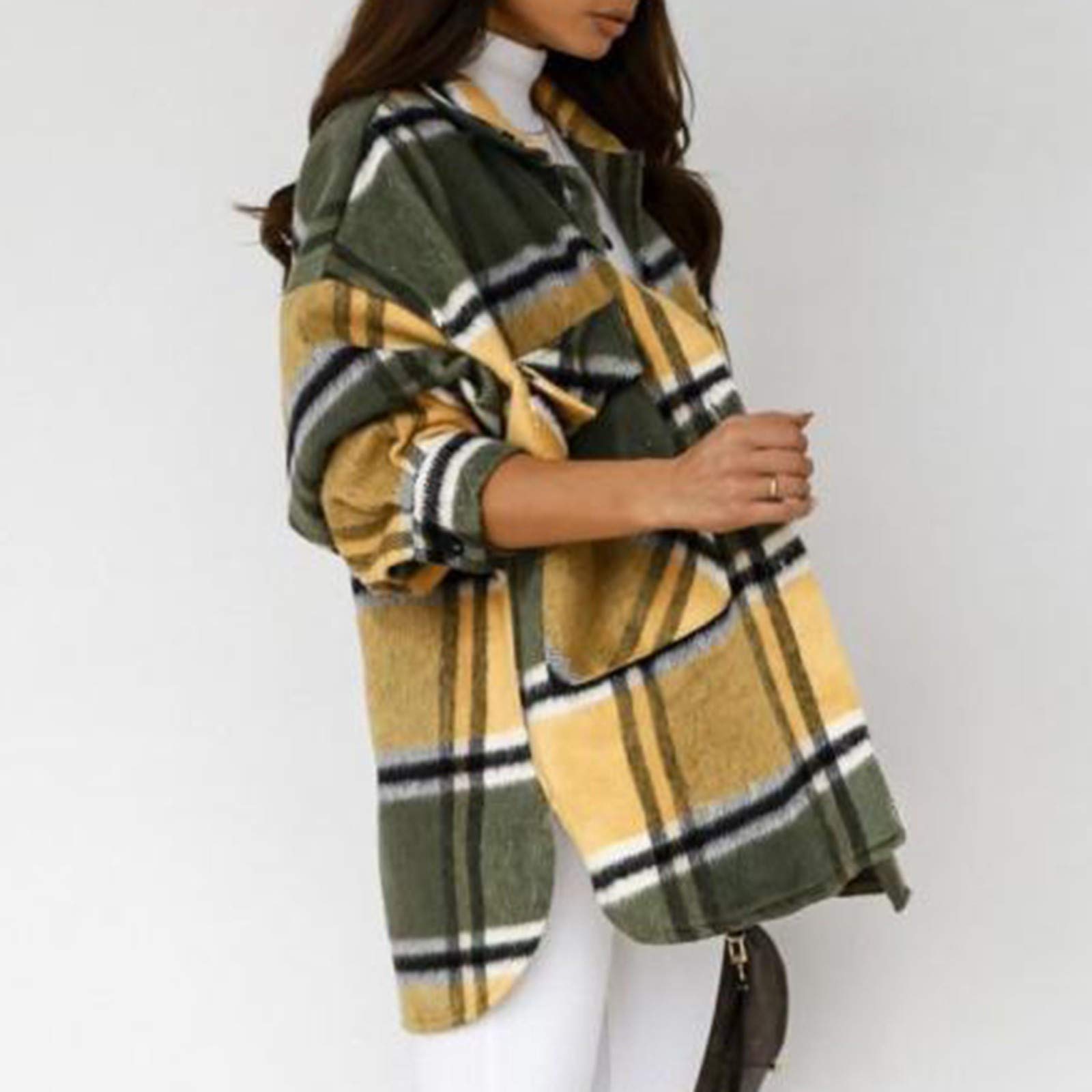 Plaid Shacket Womens, Womens Corduroy Button Down Shirts Boyfriend Long Sleeve Oversized Blouses Tops Plaid Jackets for Women Yellow