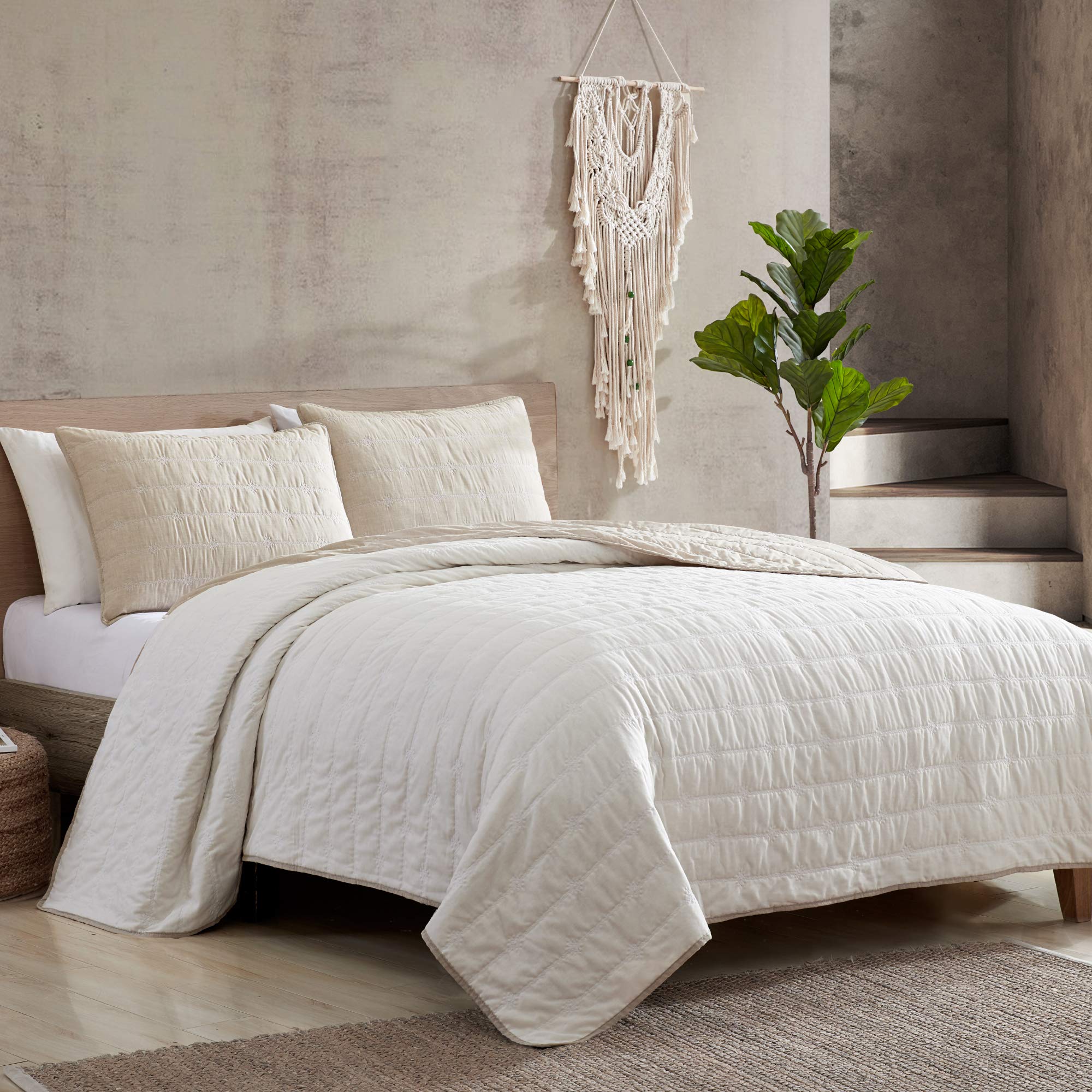 Modern Threads 3-Piece Everly Embroidered Quilted Coverlet Set with Matching Shams, Decorative Pillows Linen/Cream Queen