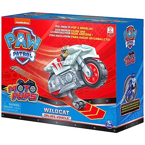 Paw Patrol, Moto Pups Wildcat’s Deluxe Pull Back Motorcycle Vehicle with Wheelie Feature and Toy Figure