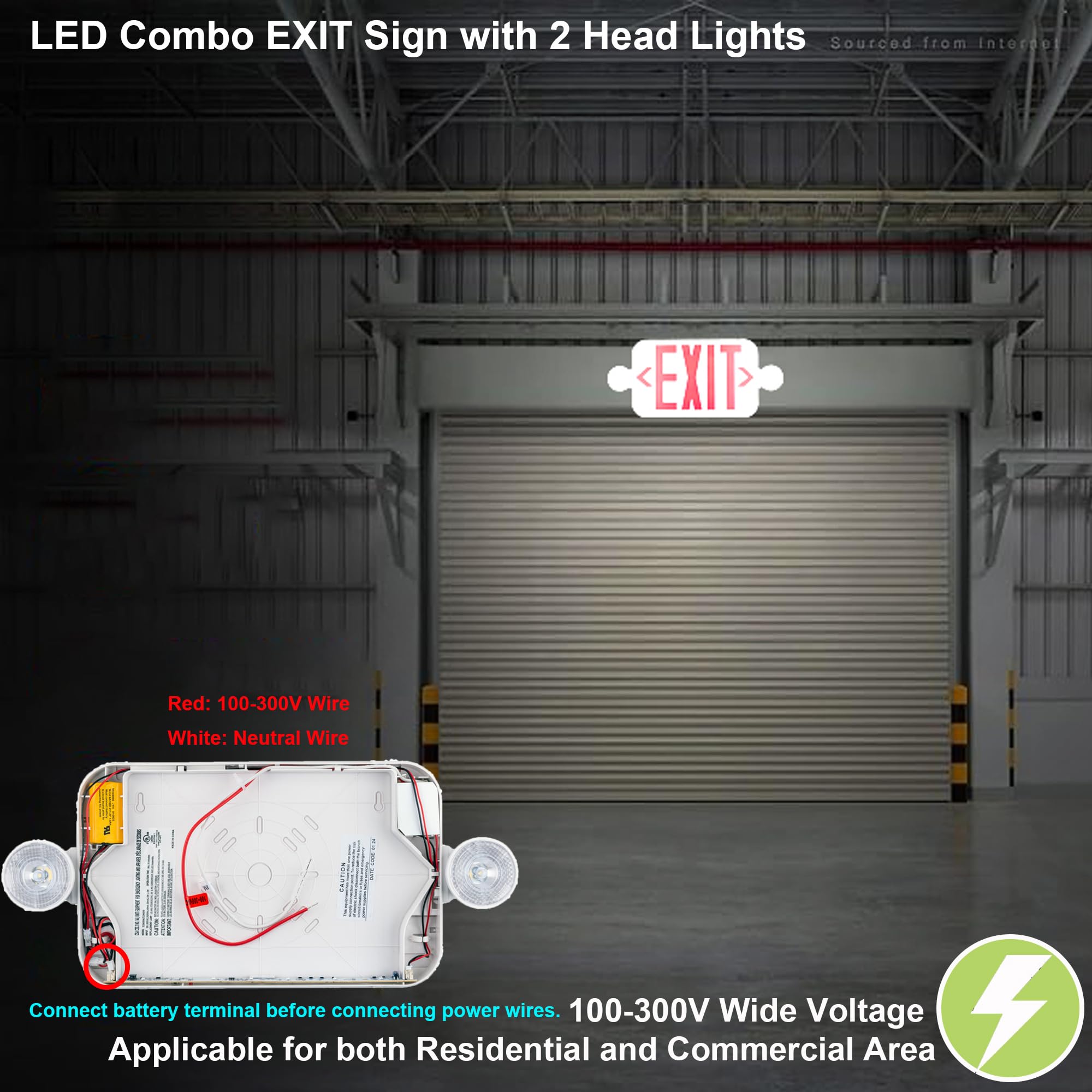 LIT-PaTH LED Combo EXIT Sign with 2 Adjustable Head Lights and Back Up Batteries- US Standard Red Letter Emergency Exit Lighting, UL 924 and CEC Qualified, 120-277 Voltage, 4-Pack