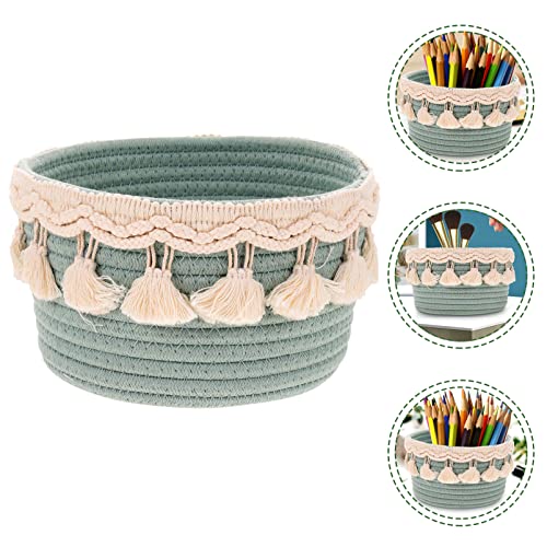 Woven Basket Small Woven Storage Basket Decorative Cotton Rope Basket with Tassel Woven Nursery Hamper Storage Bin for Blankets Towels Toilet Paper Green Bathroom Basket