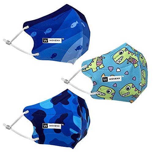 wovenx 5 Ply Small Kids Face Mask for 2-3 Year Olds, 15 Pack, With Adjustable Earloops, Individually Packaged, Disposable (Boys Masks: Dinosaur, Fishes, Camouflage)