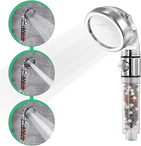 Original StoneStream EcoPower High Pressure Handheld Shower Head with ON OFF switch- 3 Spray Settings with Hose, Wall Adapter and Replacement Beads