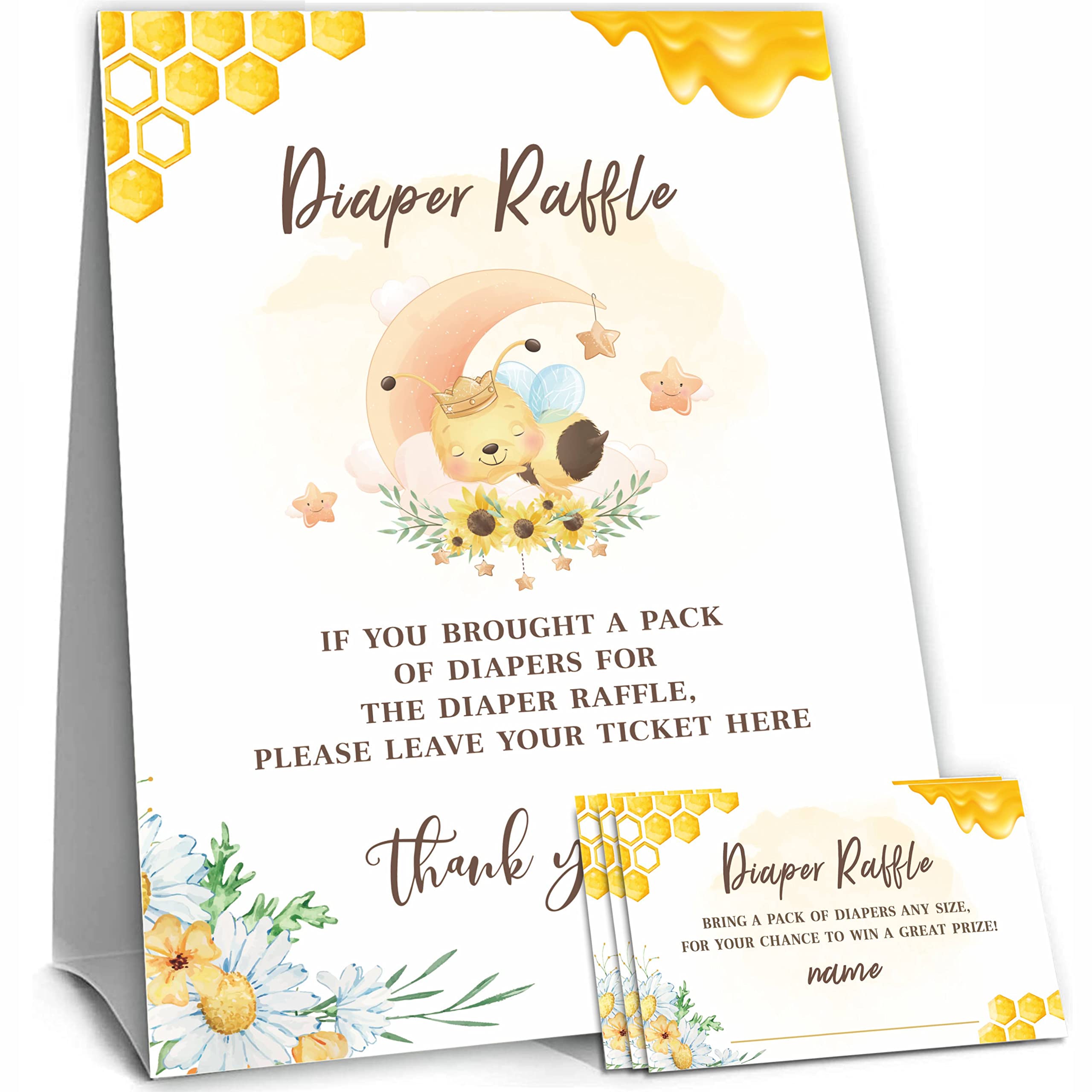 Sweet As Can Bee Baby Shower Game Cards, 1 Self-standing Diaper Raffer Sign and 50 Diaper Raffle Tickets -(LBLK-003)