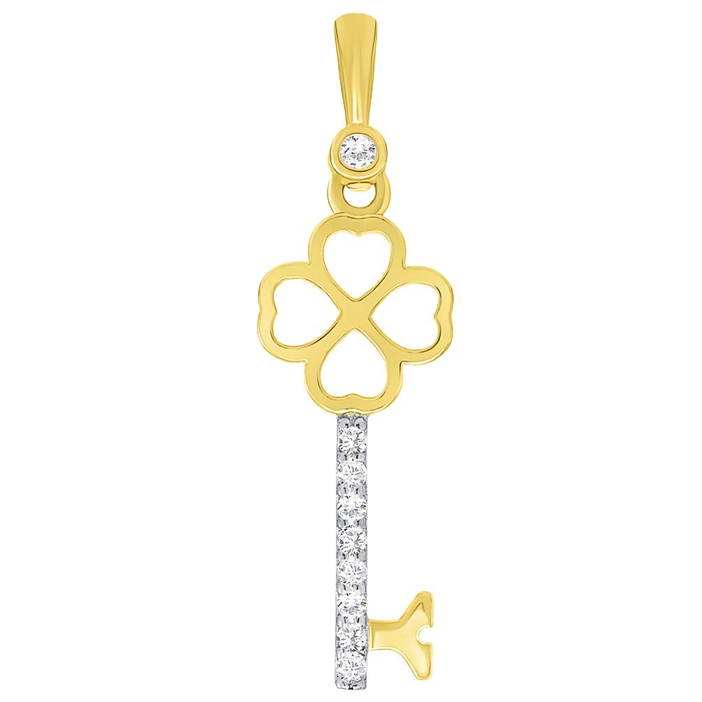 Keys by Jewelry America Solid 14K Yellow Gold Dainty Heart Shaped Four Leaf Clover Love Key Charm Pendant with Cubic Zirconia Gemstones