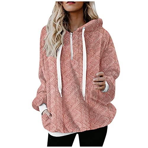 Women Sweatshirt Pocket Drawstring Long-Sleeves Zipper Hoodie Printed Top Open Cardigan Long Pink