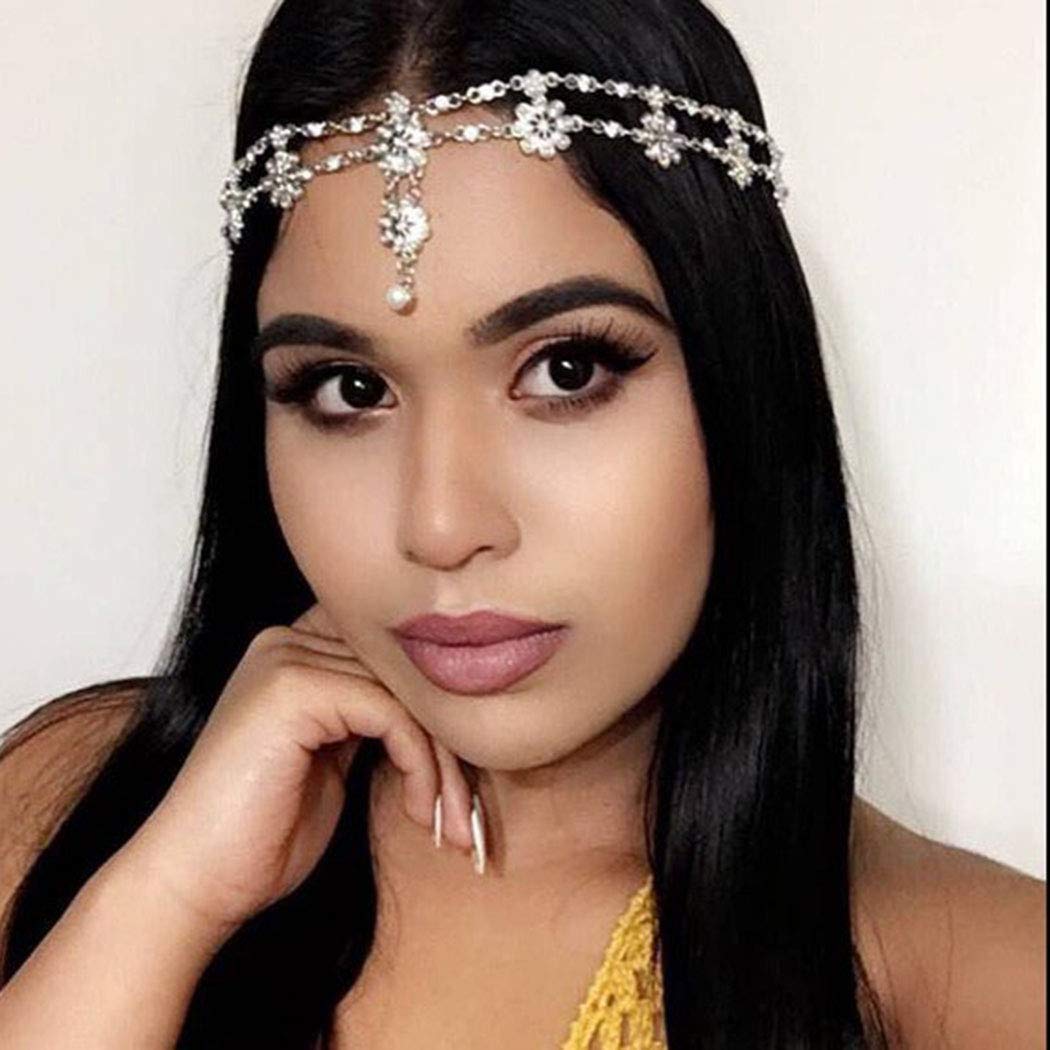 Unsutuo Hair Jewelry Head Chain Wedding Bohemian Floral Headband Elastic for Women and Girls⦠(Silver)