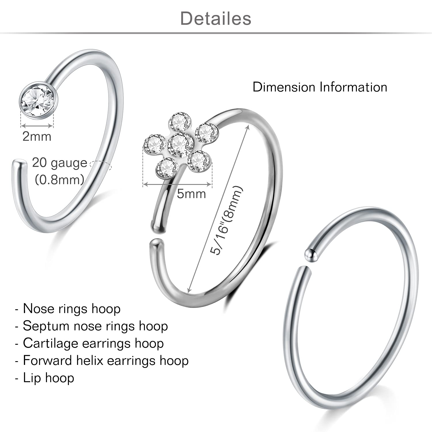 MODRSA Nose Rings Nose Piercings Hoop Nose Rings for Women Stainless Steel Silver Nose Rings Studs 20g