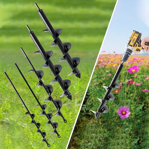 VASGOR Set of 5 Auger Drill Bit for Planting (1.6x16", 2x16", 2.6x16", 3x16", 3.5x16") - Easy Planter Garden Auger - Bulb & Bedding Plant Augers - Post Hole Digger for 3/8” Hex Drive Drill