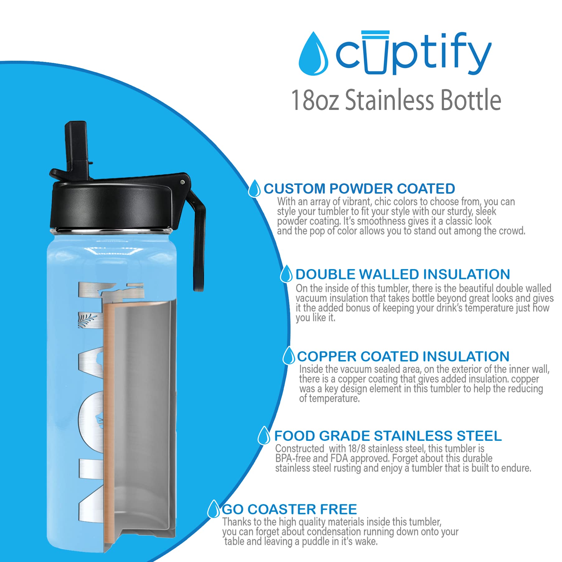 Personalized Kids Water Bottle with Straw Lid on Pastel Blue Gloss for School Engraved Custom Children Name 18 oz Modern Insulated Stainless Steel