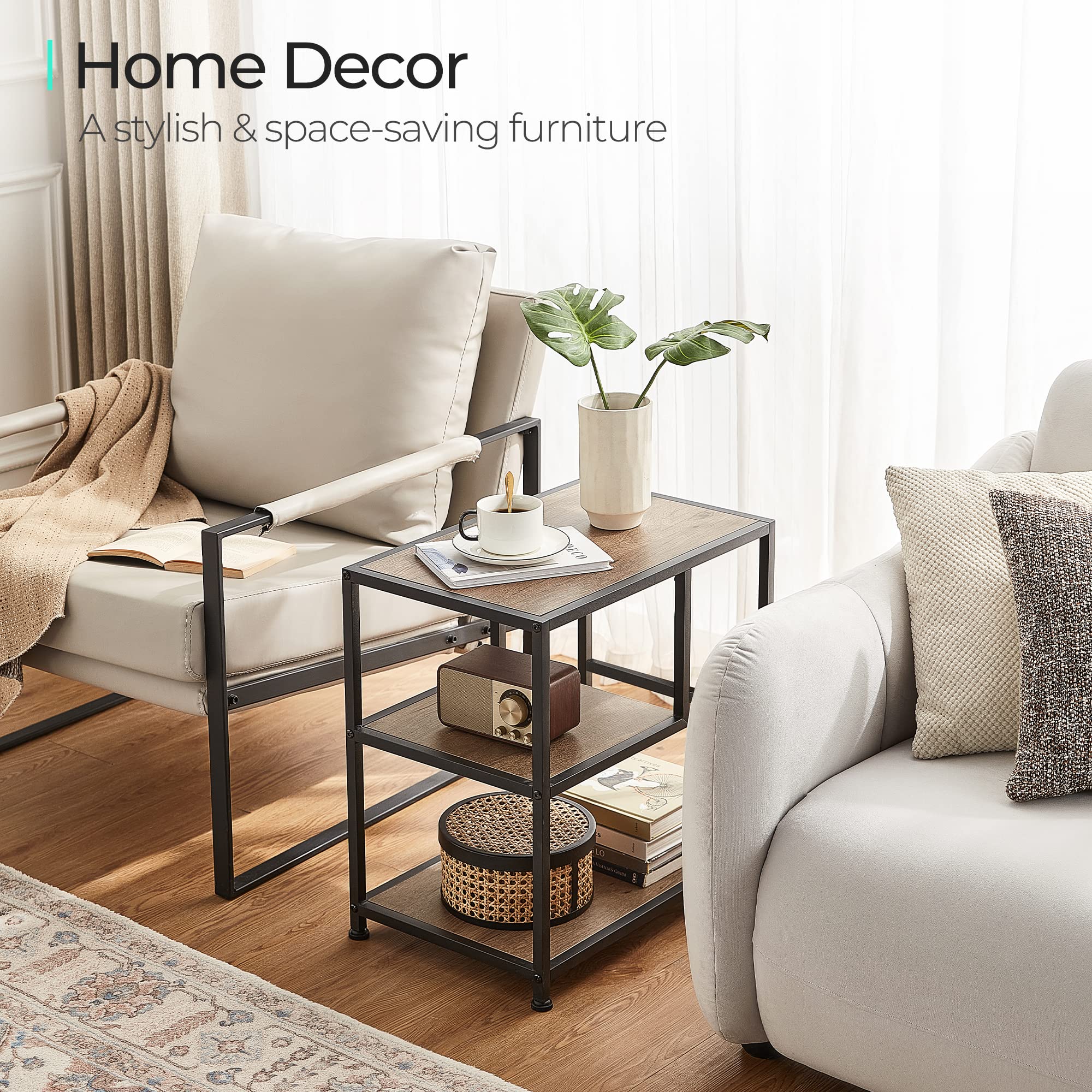 LINSY HOME End Table, 3-Tier Narrow Side Table with Storage Shelves, Industrial Beside Sofa Table, Solid Nightstand for Living Room, Bedroom, Balcony, and Office, Easy to Assembly, 20.4 in x 15.7 in
