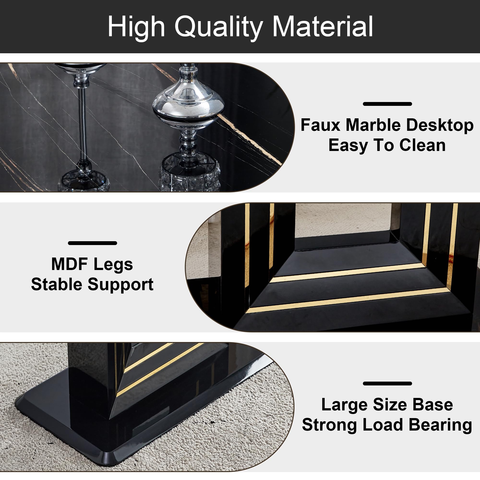 Maotifeys Luxury Faux Marble Dining Table for 6 Rectangular Kitchen Table with Black Gold Pedestal Base Elegant Black Marble Dinner Table for 4-6 People in Kitchen Dining Room Office
