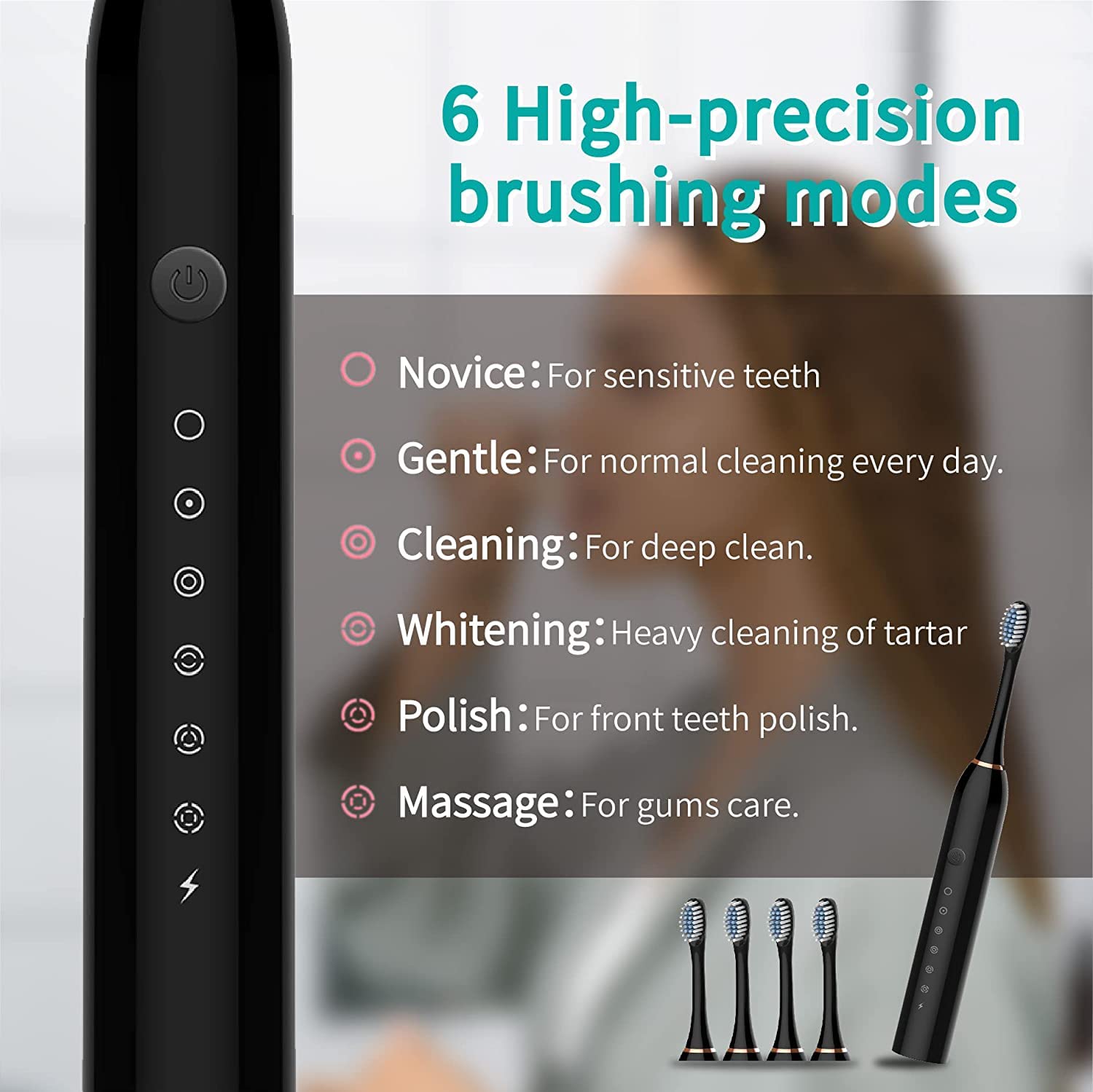 Yevheniys Sonic Electric Toothbrushes USB Rechargeable Ultrasonic Tooth Brush with 4 Brush Heads 6 Cleaning Modes and Smart Timer IPX7 Waterproof Cleaning Toothbrushes for Adults and Kids (Black)